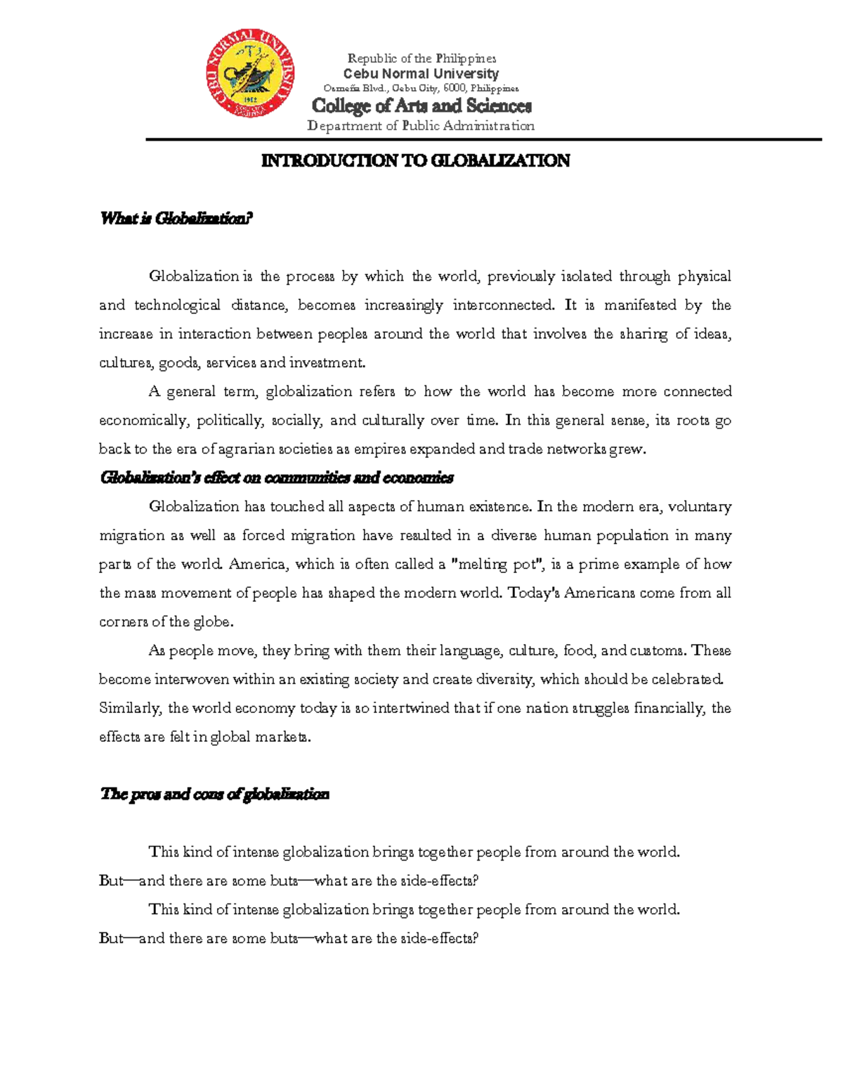 Introduction to Globalization: Key Concepts and Impacts - Studocu