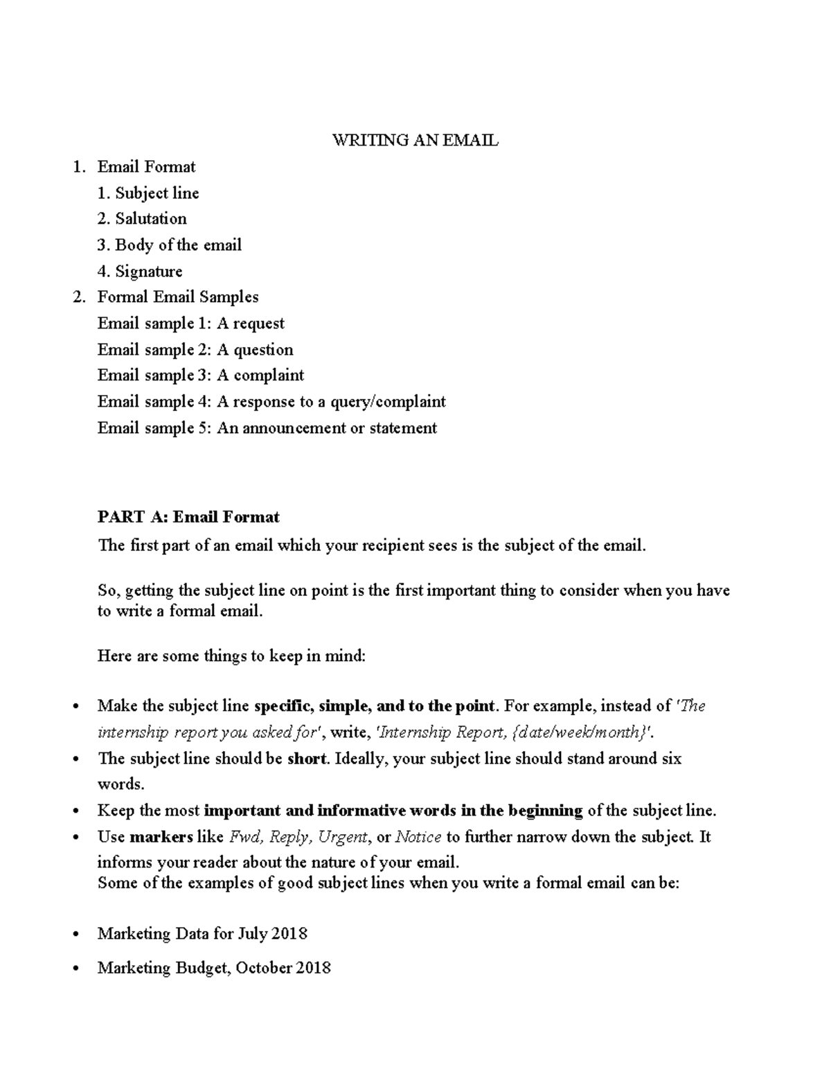 Writing AN Email - WRITING AN EMAIL Email Format Subject line ...