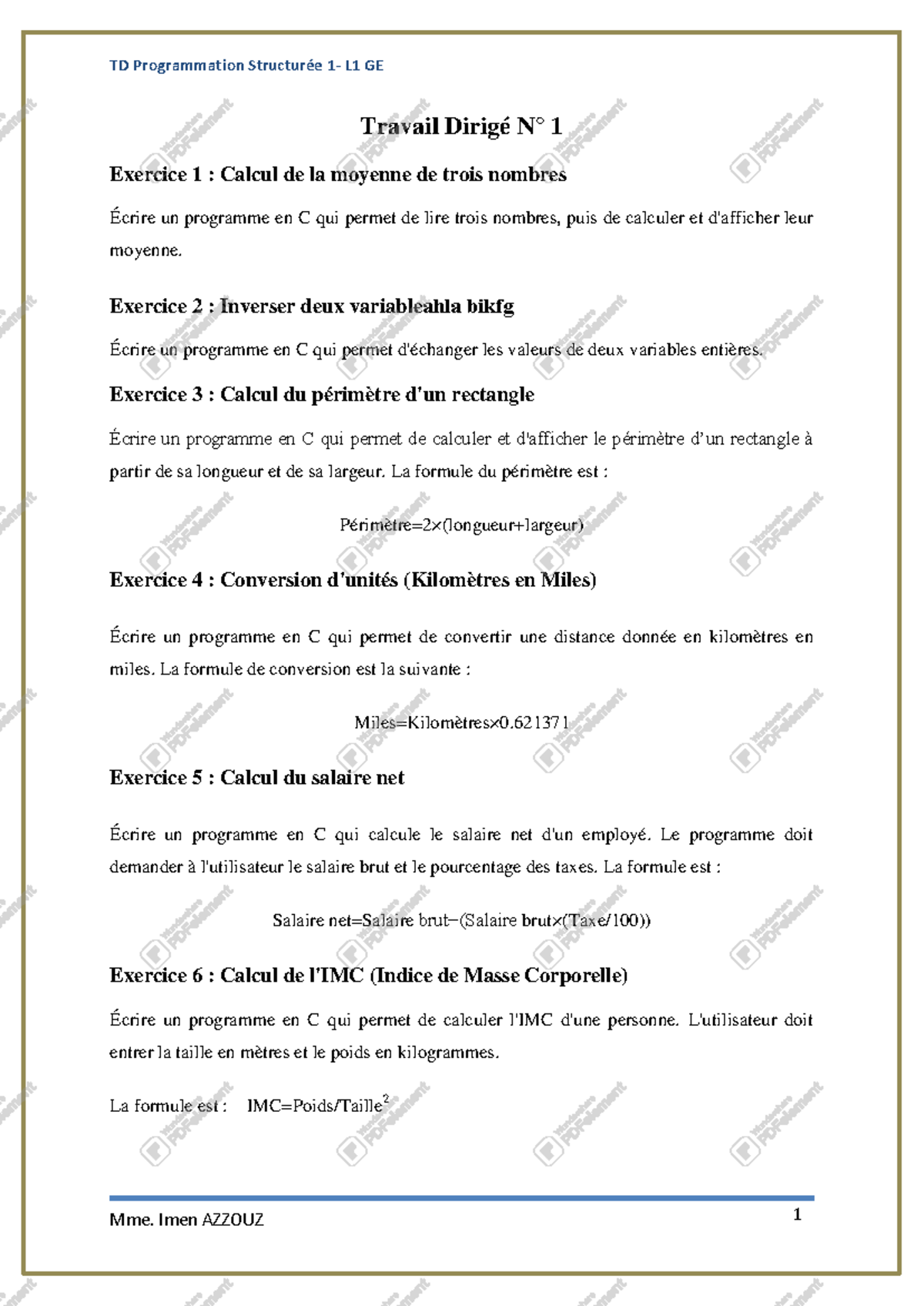 TD Programmation Structurée L1 GE - Exos de C sur Calculs et ...