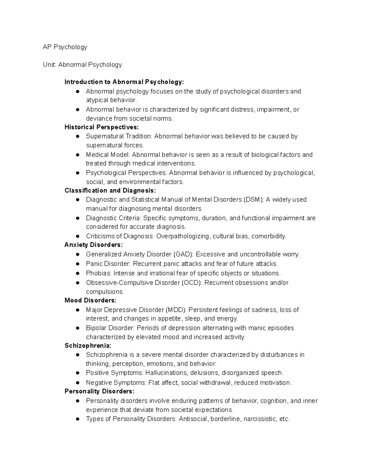 AP Psychology - Examining Abnormal Psychology and Disorders - Studocu