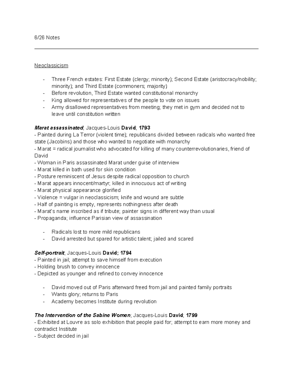 Neoclassicism Notes: French Estates & David's Art (Course Code: 6 26 ...
