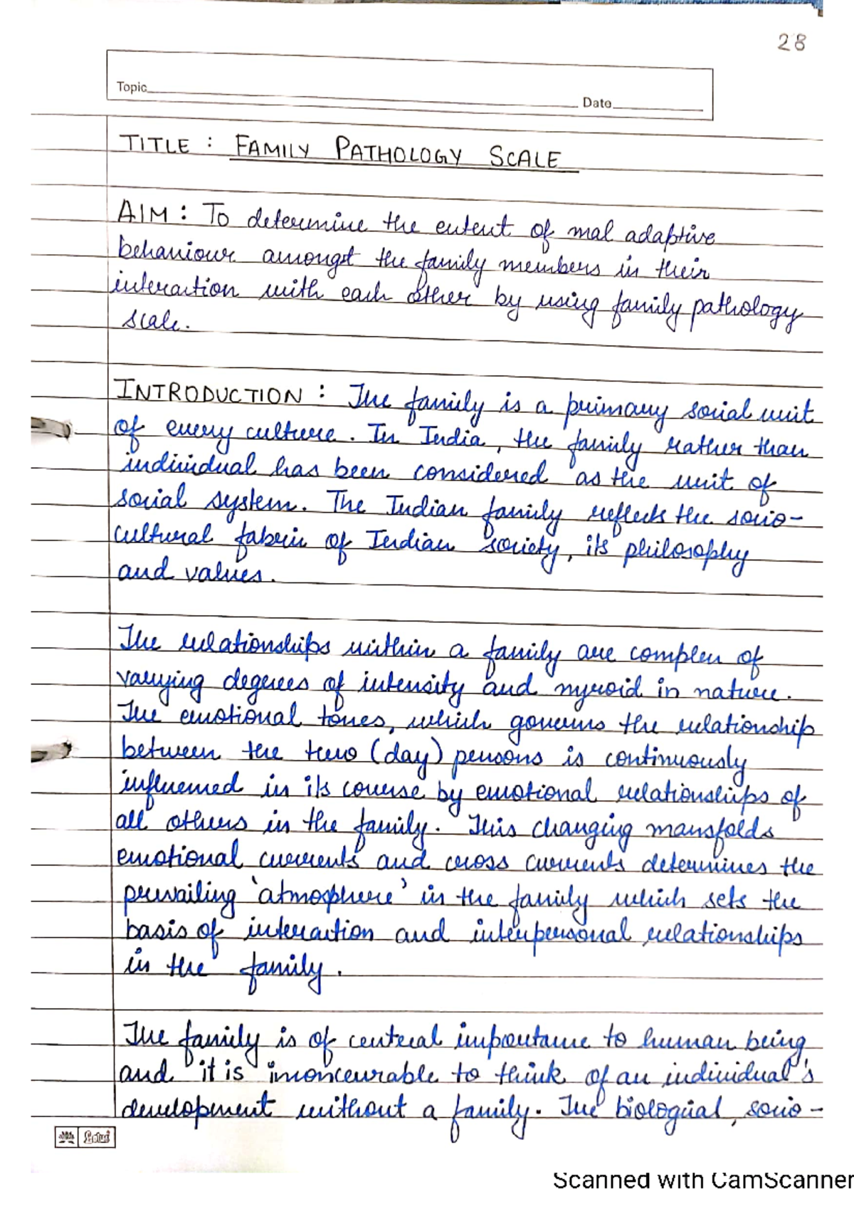 FPS PC 3 - its a family pathology scale - 28 Topic Date TITLE : FAMILY ...