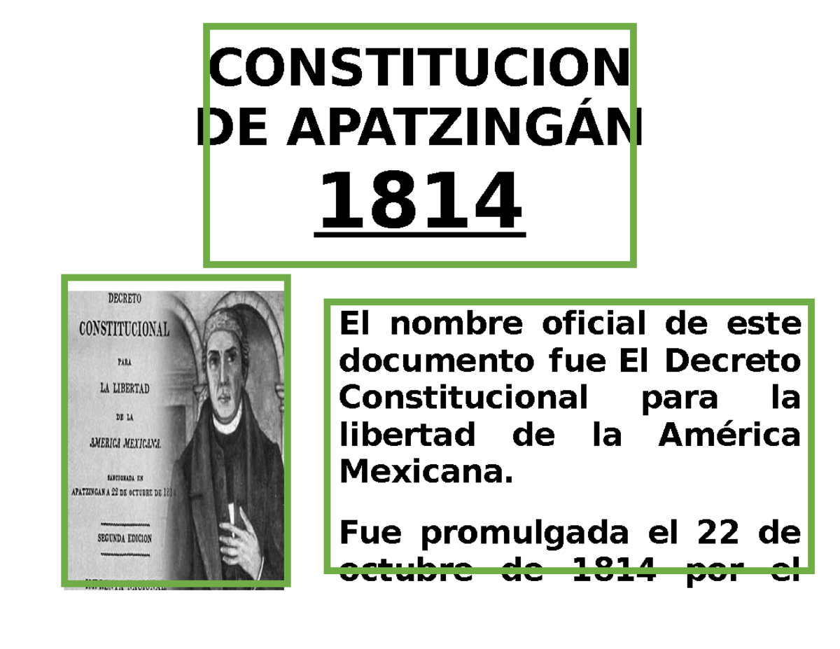 Constitucion - CONSTITUCION DE APATZINGÁN 1814 El nombre oficial de ...