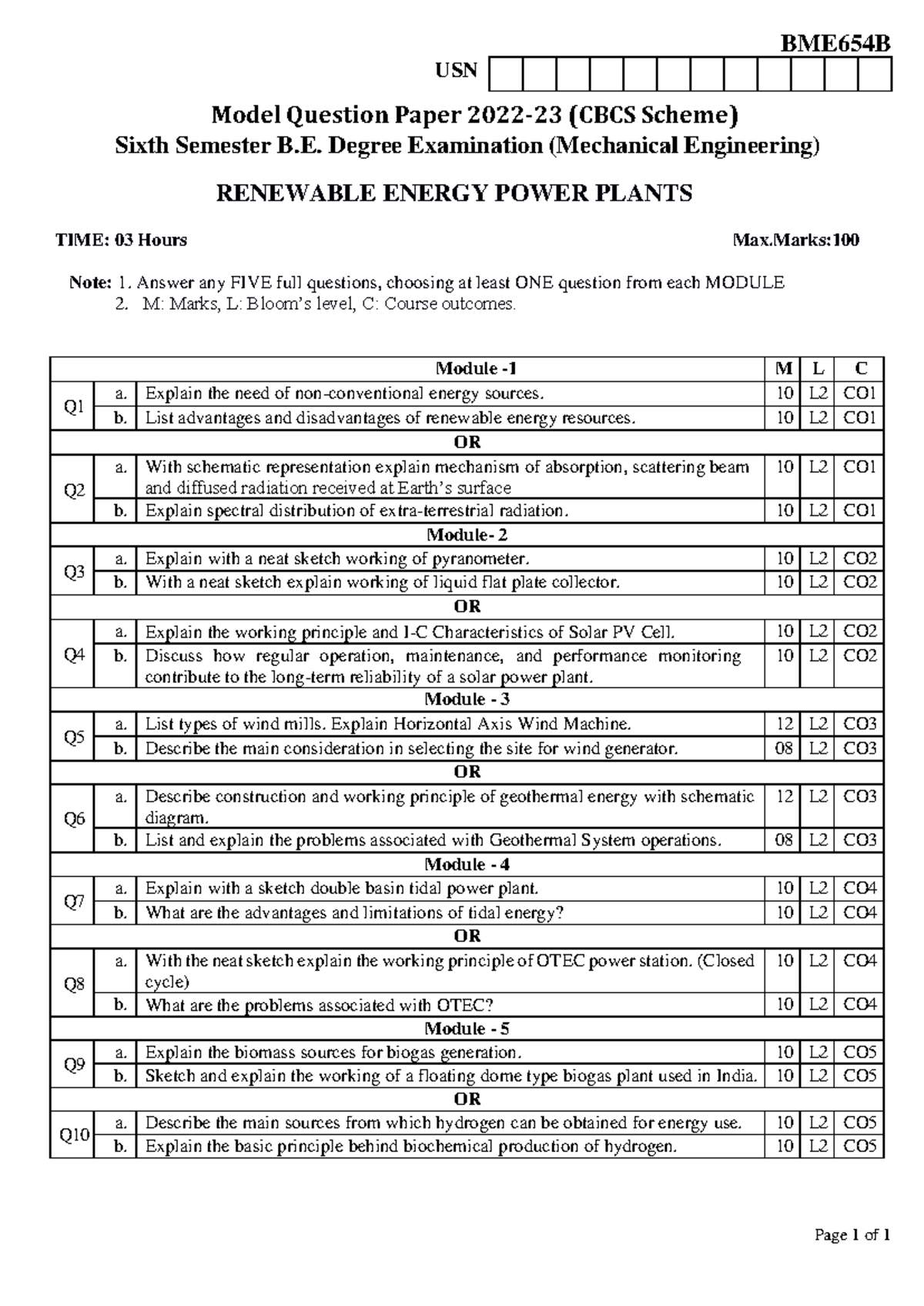 BME654B - Renewable Energy Power Plants Model Question Paper - Studocu