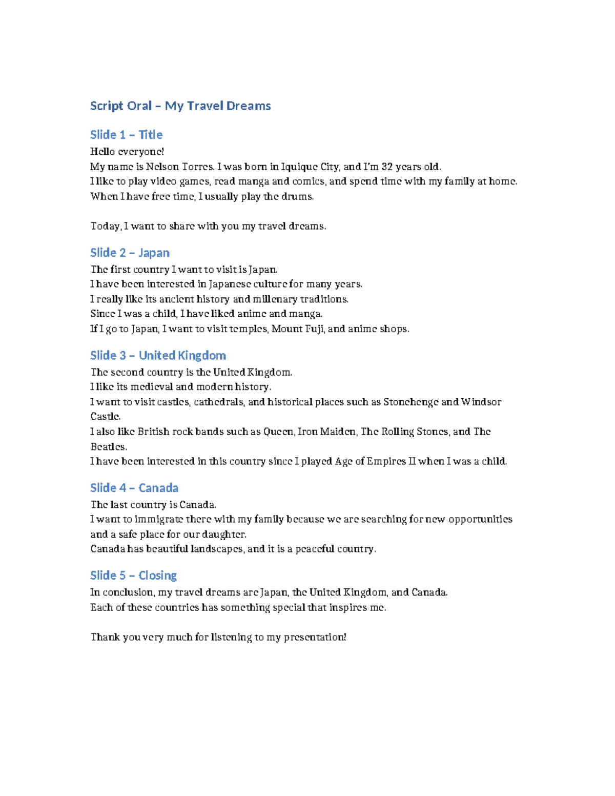 Script Oral Presentation: My Travel Dreams v2 - Studocu