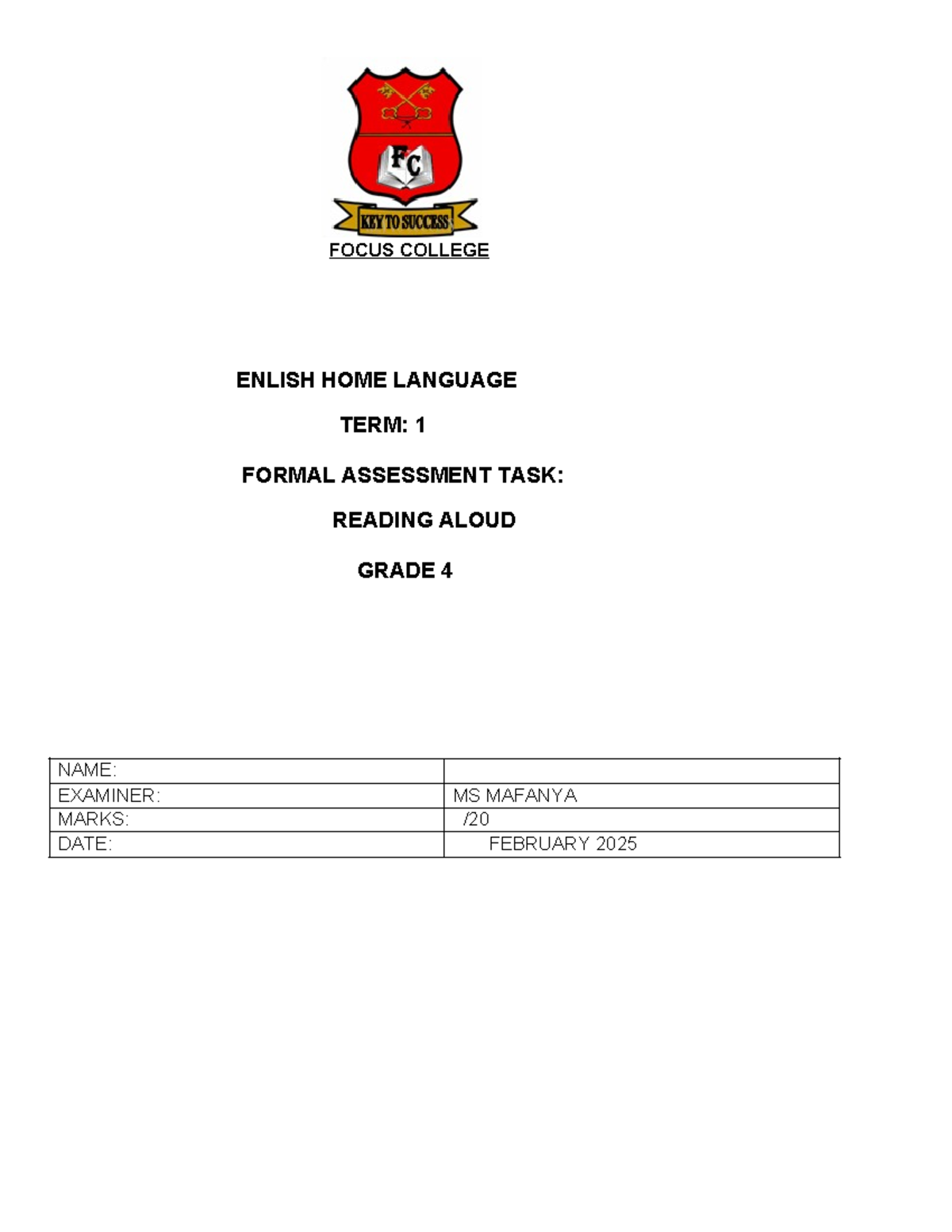 Grade 4 EHL Term 1 Formal Assessment: Reading Aloud Task 2025 - Studocu