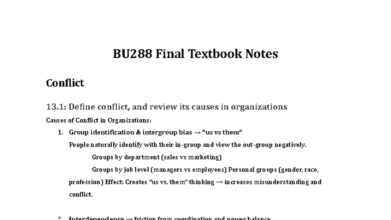 BU288 Final Exam Notes: Understanding Conflict in Organizations - Studocu