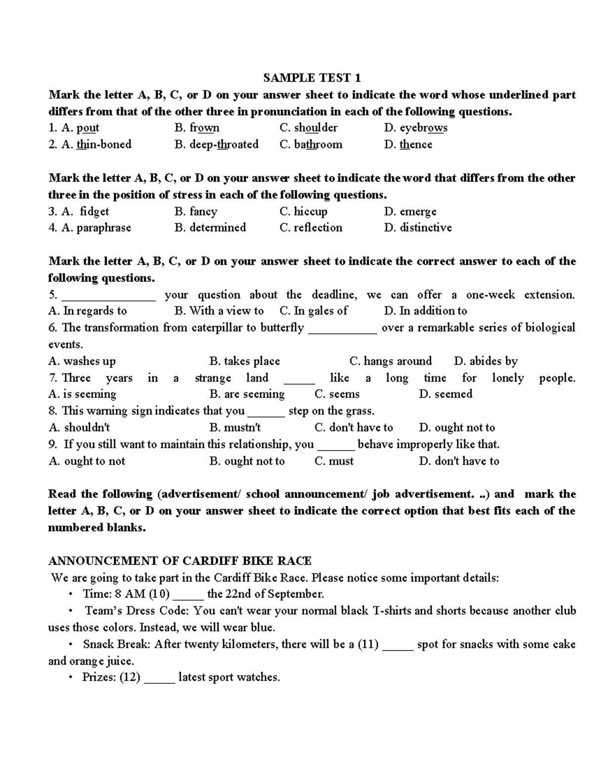 Sample Test 1: Pronunciation, Stress, and Grammar Exercises - Studocu