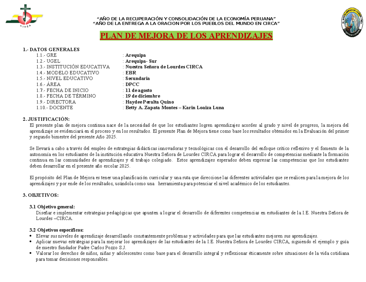 Plan de Mejora Continua para Secundaria DPCC 1RO - 2025 - Studocu