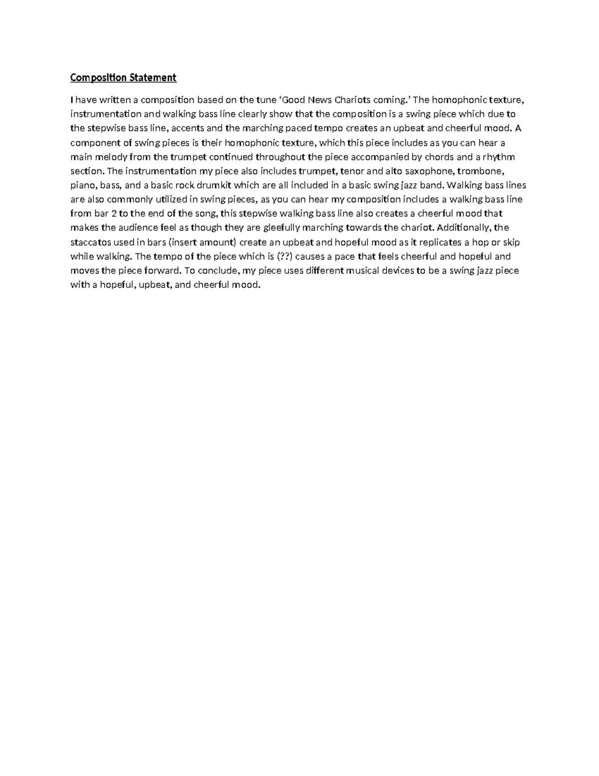 Music Composition Statement: Swing Jazz Analysis - Studocu