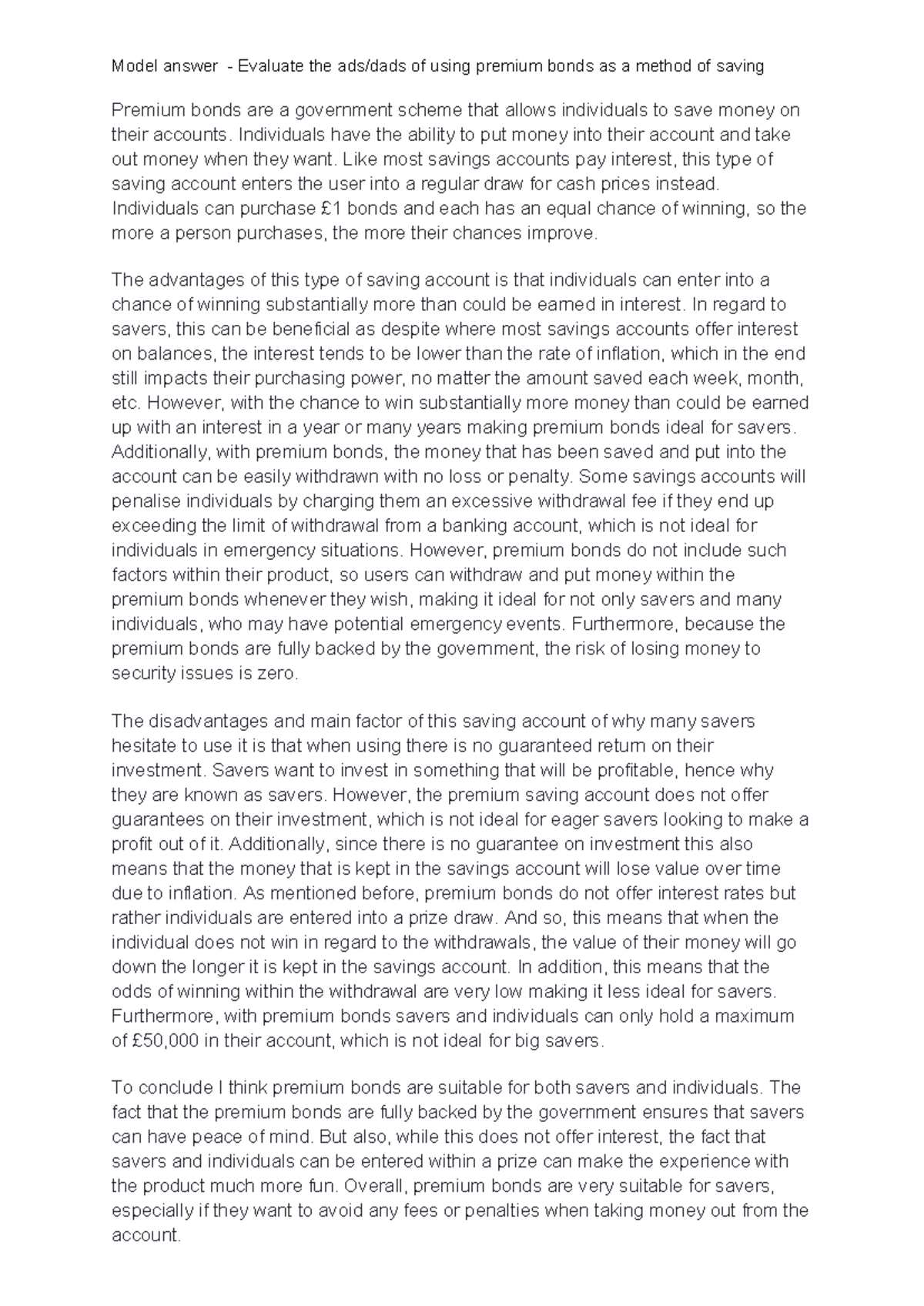 Premium Bonds (FIN 101) - Exemplar Essay Evaluation - Studocu