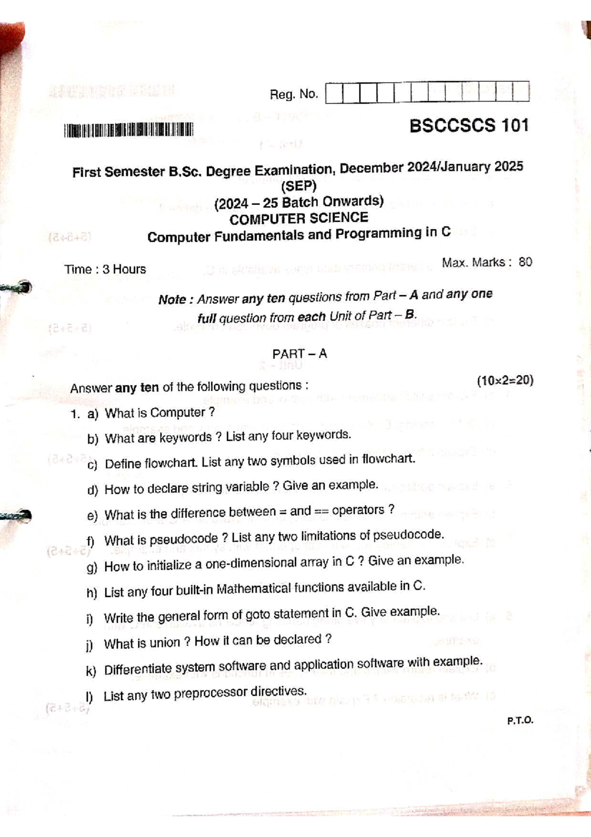1st Sem B.Sc. Exam Dec 2025 - Computer Science: C Programming QP - Studocu