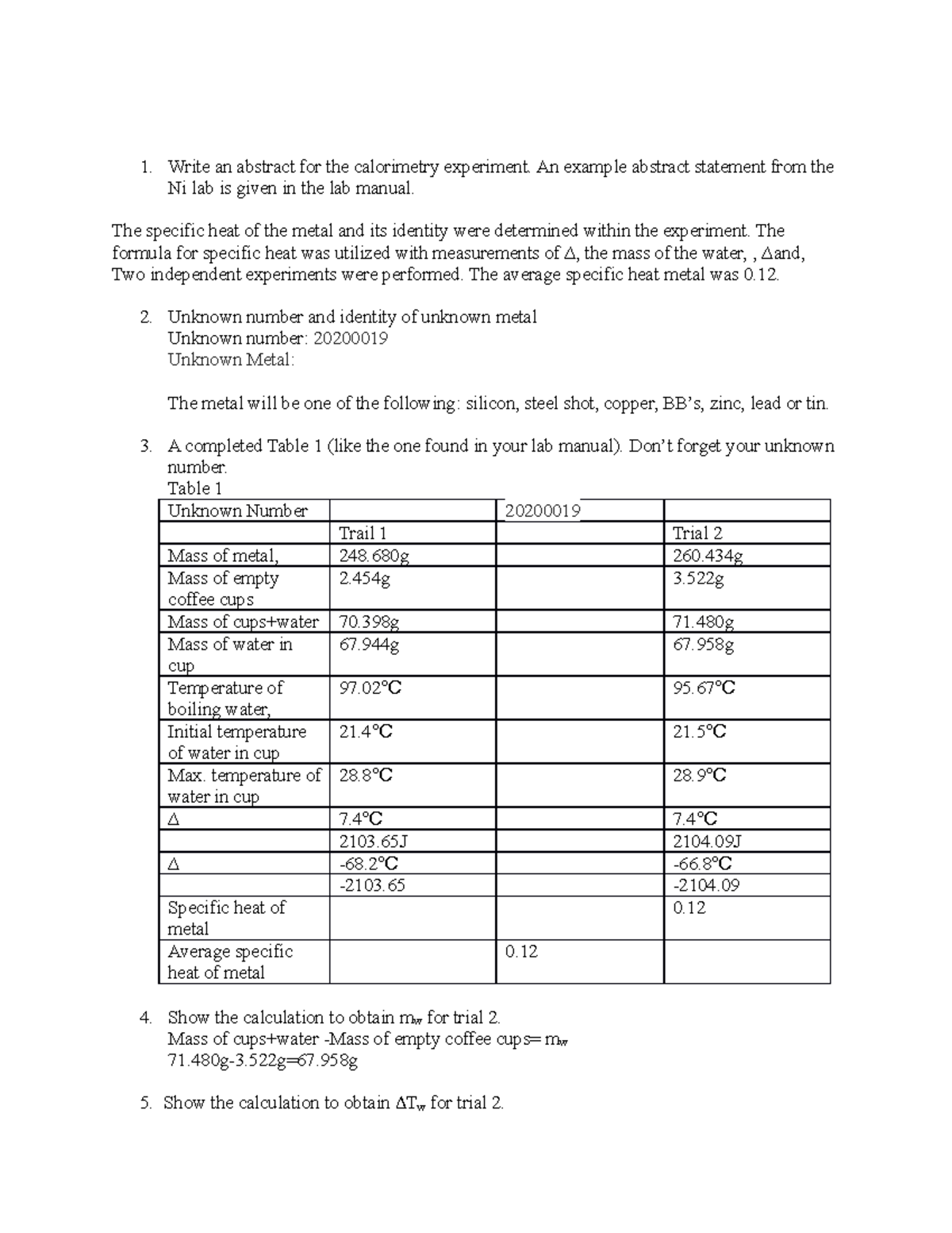 Calorimetry Lab Report (Chem 101): Determining Specific Heat of Metals ...