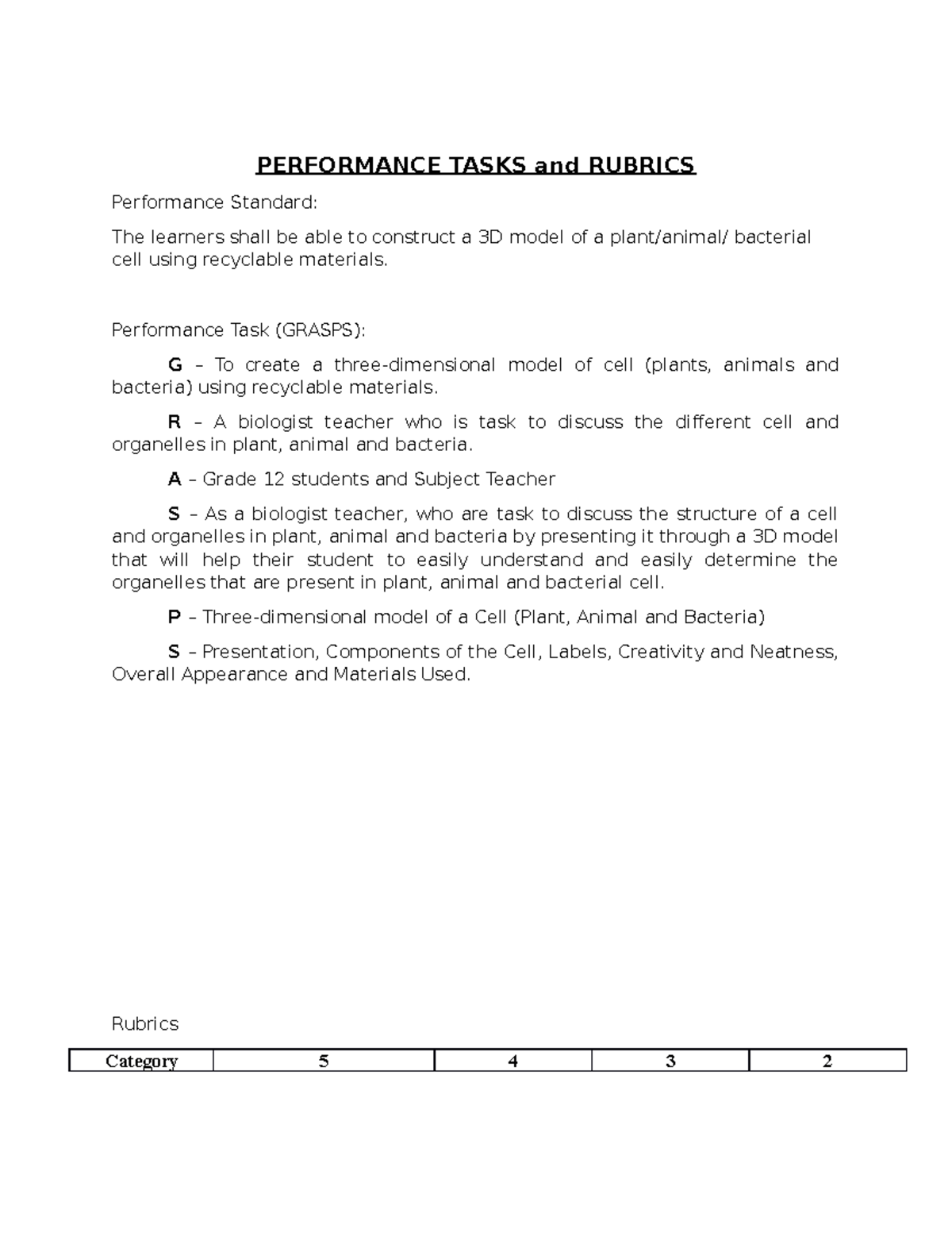 Rubrics for 3D Cell Model Performance Task in BIO1 - Studocu