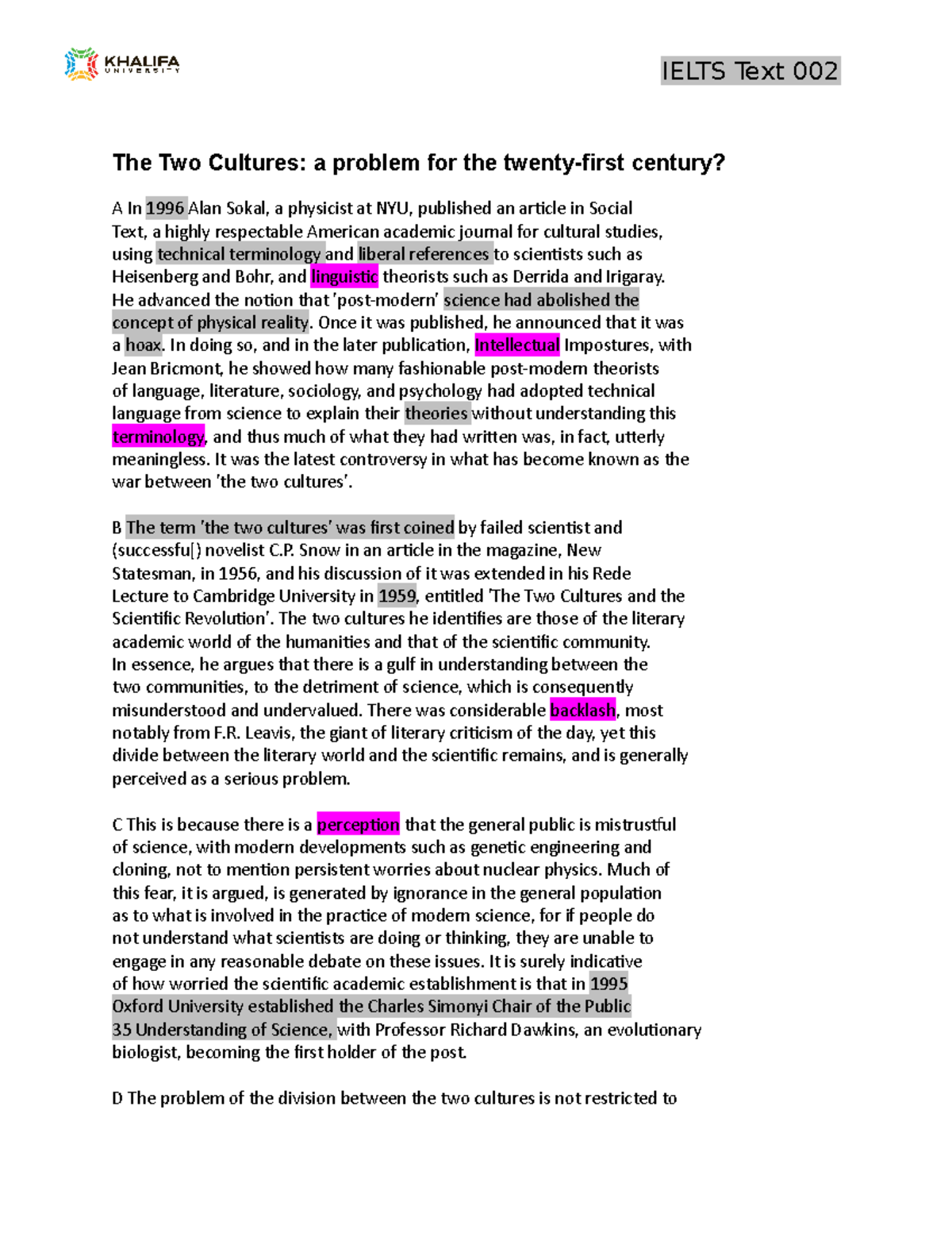 The Two Cultures - IELTS Study Notes and Analysis - Studocu