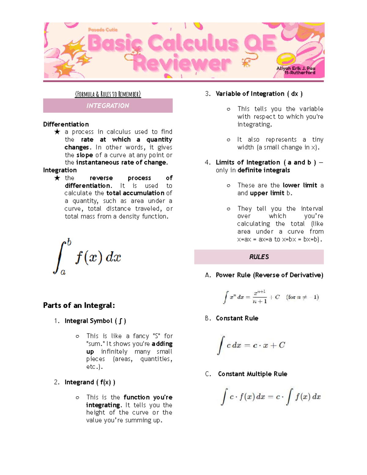 Integration and Differentiation Rules - Calculus Notes (BAS CAL) - Studocu