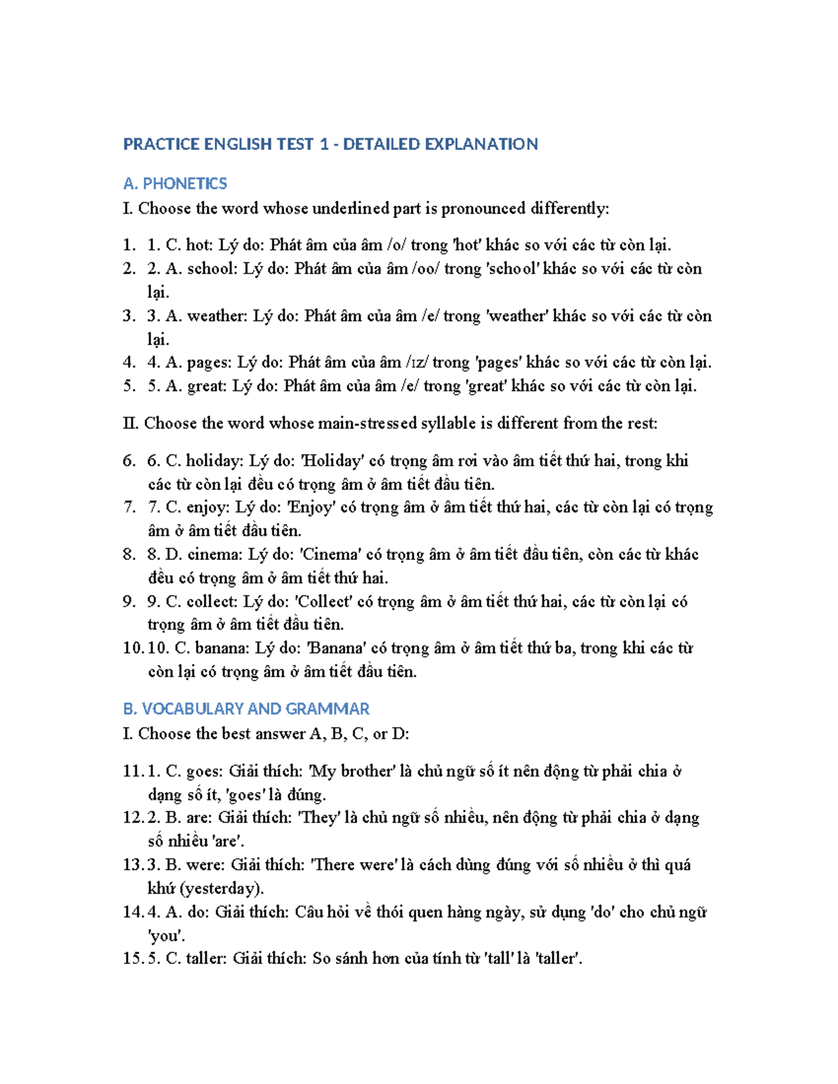 Practice English Test 1: Detailed Explanation and Analysis - Studocu