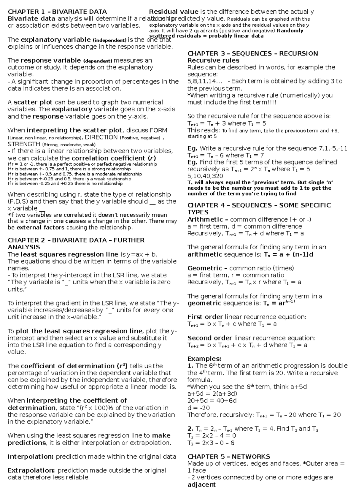 Maths EXAM Notes - CHAPTER 1 – BIVARIATE DATA Bivariate data analysis ...