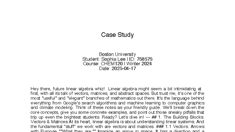 Case Study: Linear Algebra Concepts for CHEM120 Winter 2024 - Studocu
