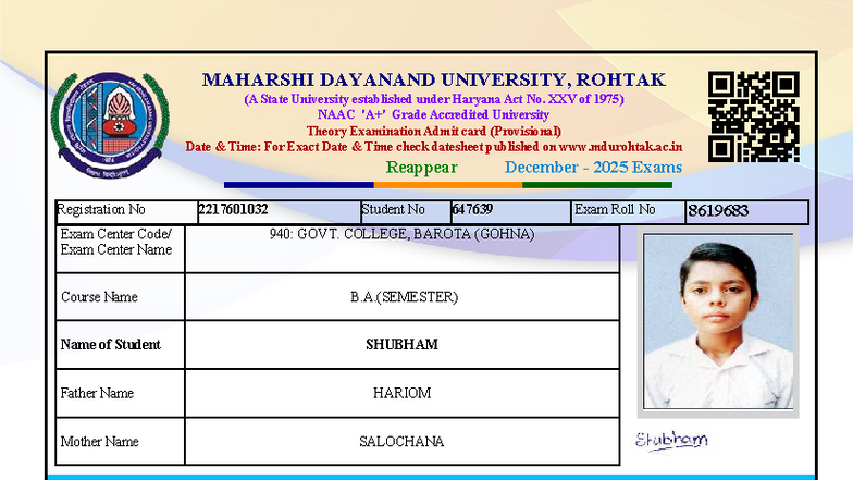 MA03 Mathematics Reappear Exam Admit Card - Dec 2025 - Studocu