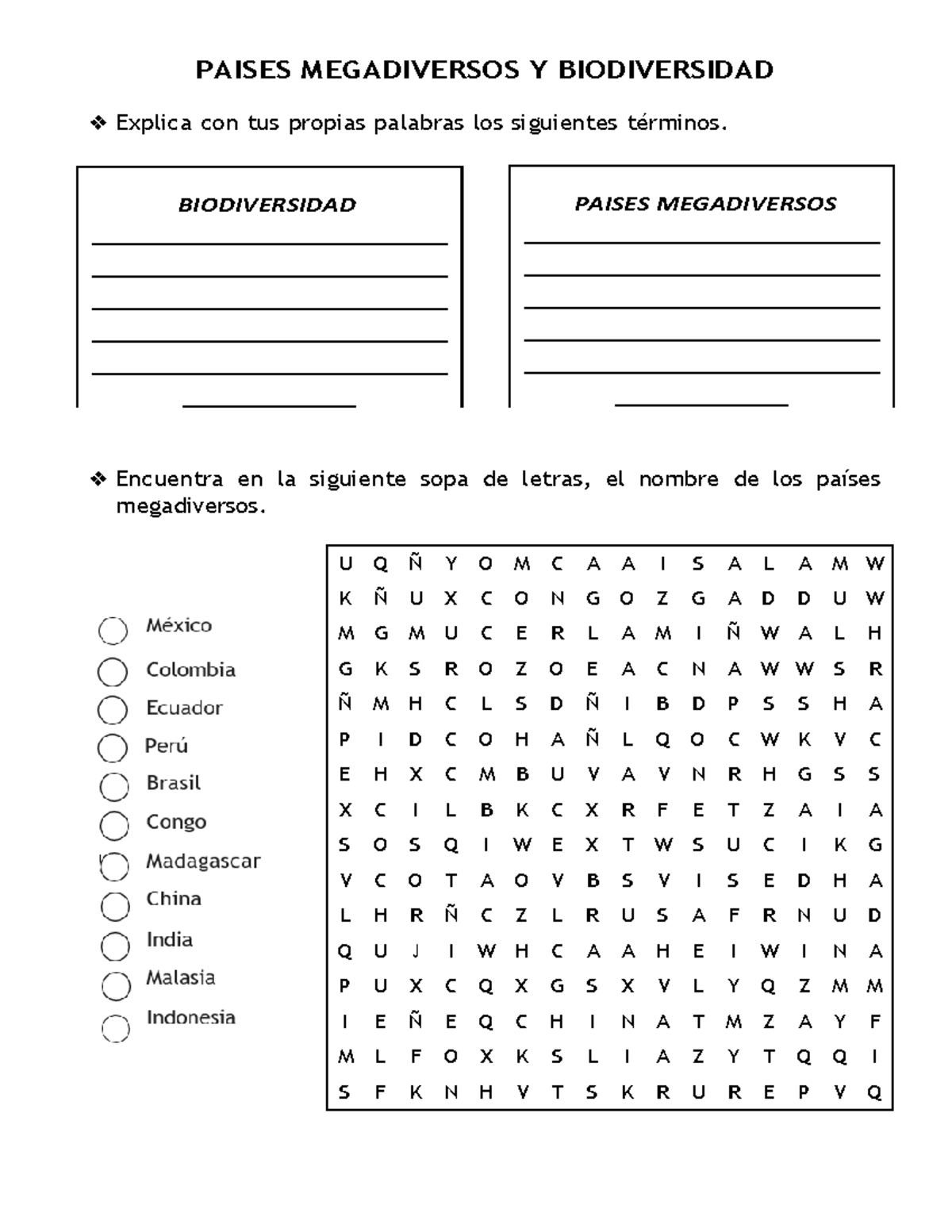 PAISES MEGADIVERSOS Y BIODIVERSIDAD: Términos y Sopa de Letras - Studocu