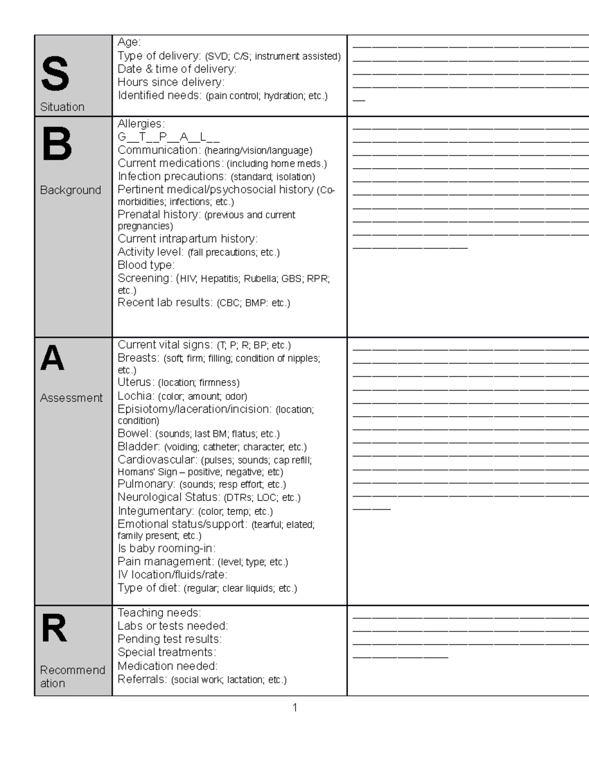 SBAR Postpartum (1) (4) - S Situation Age: Type of delivery: (SVD; C/S ...