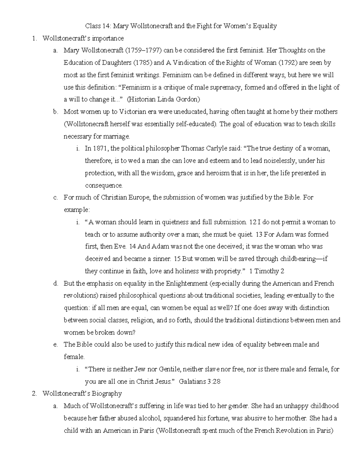 Class 14: Mary Wollstonecraft's Fight for Women's Equality and ...