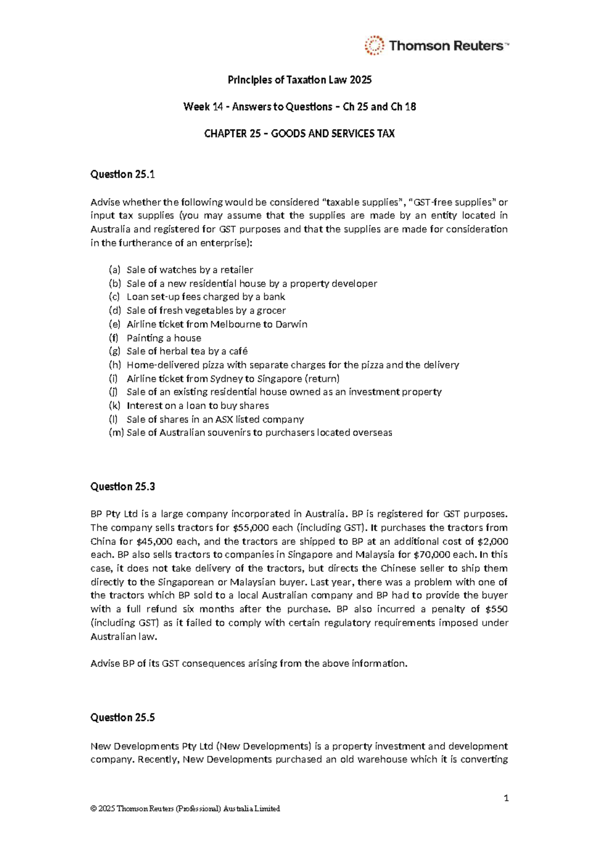 Principles of Taxation Law 2025 Week 14 Tutorial Questions & Answers ...