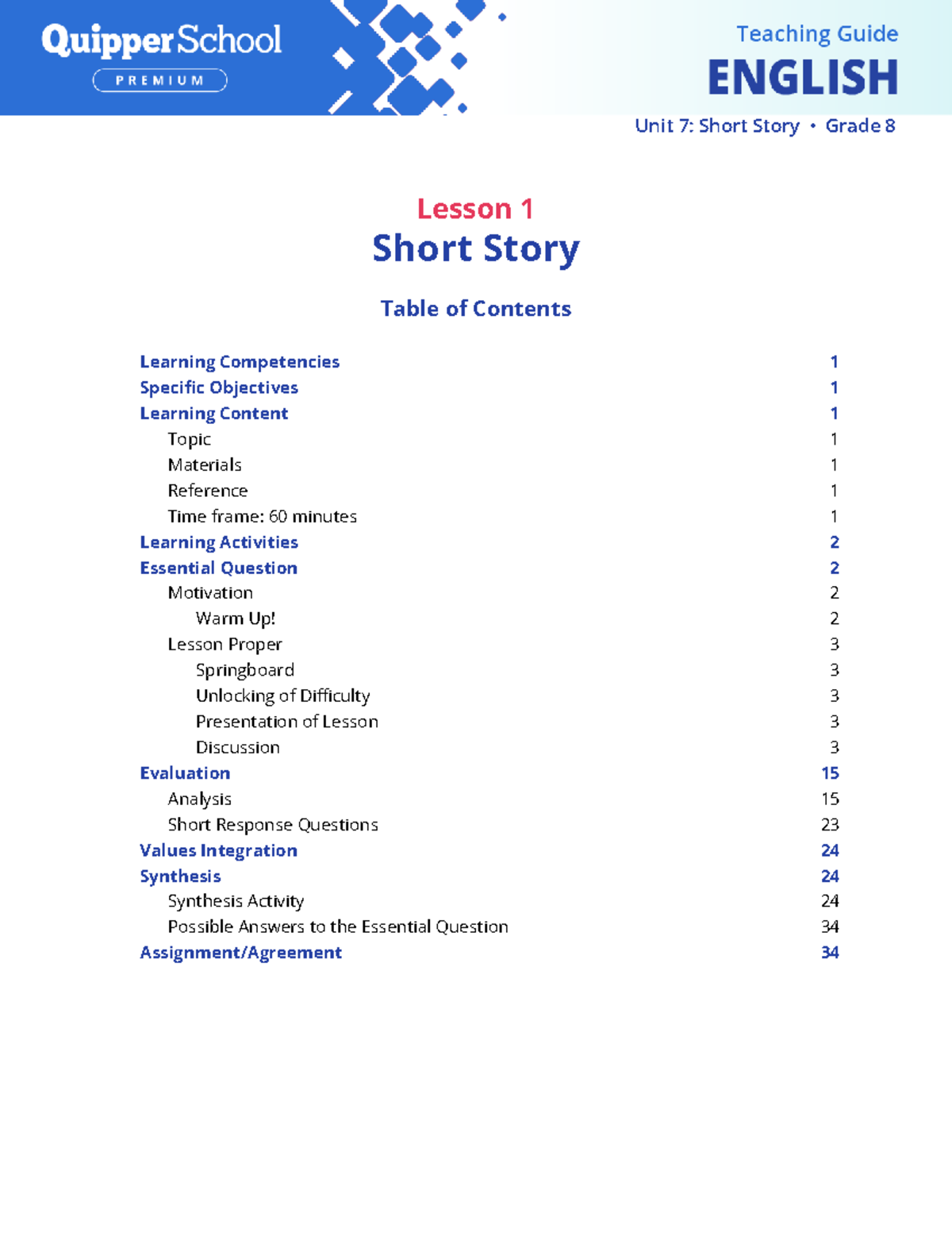 PDF-TG English-8 Unit-7 Lesson-1 Analyzing Short Stories - Studocu