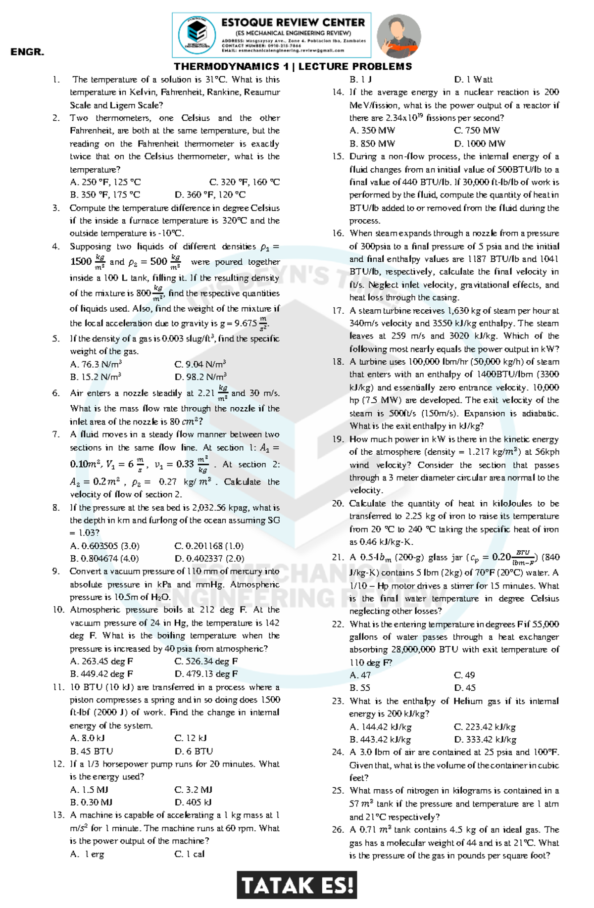 DAY 21 - Thermodynamics 1 | Lecture Problem Set & Solutions - Studocu