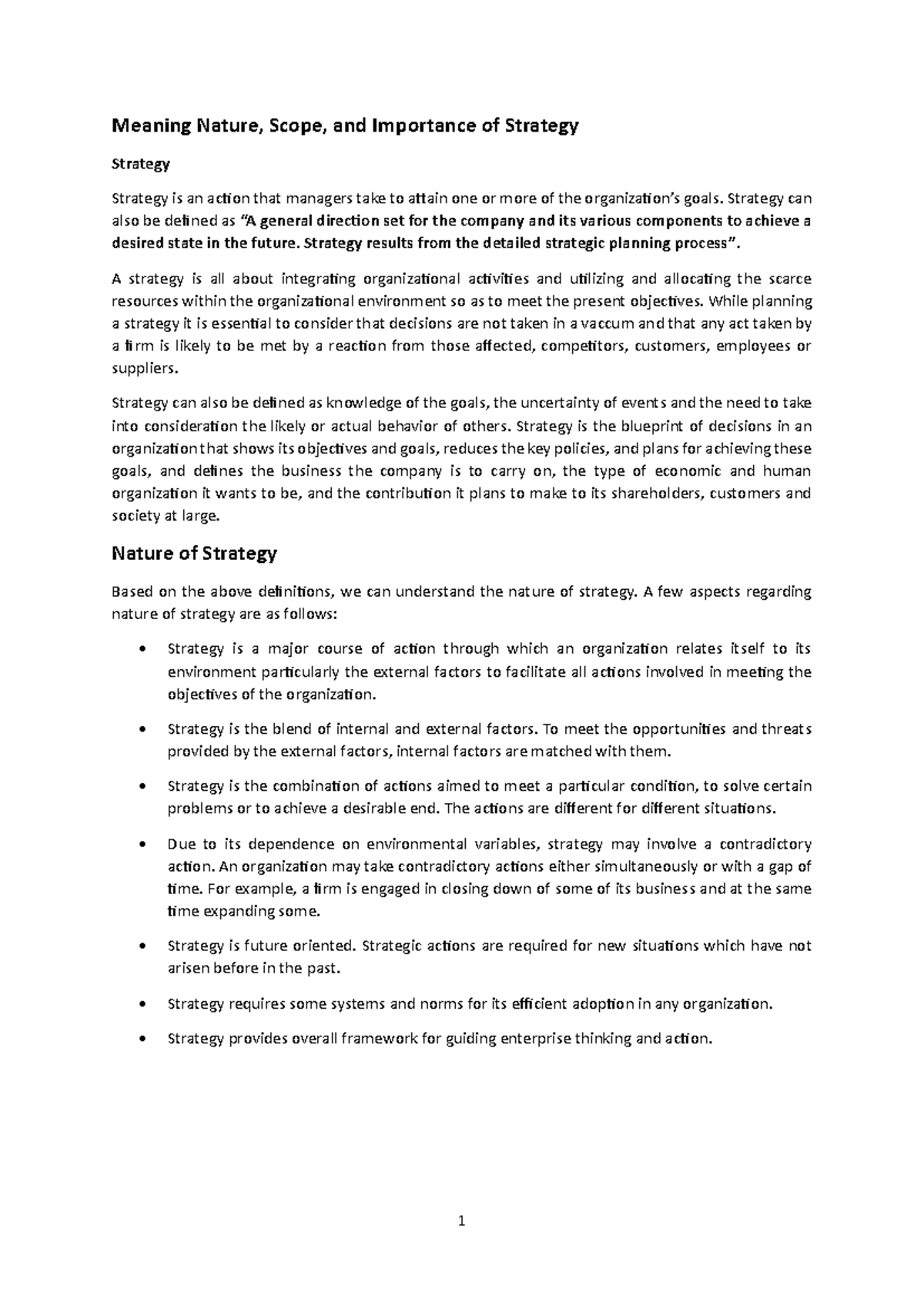 UNIT 1 Strategic Management: Nature, Importance, and Features of Strategy - Studocu