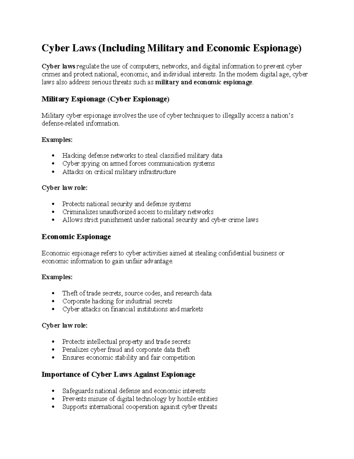 Cyber Laws (Including Military & Economic Espionage) Overview - Studocu