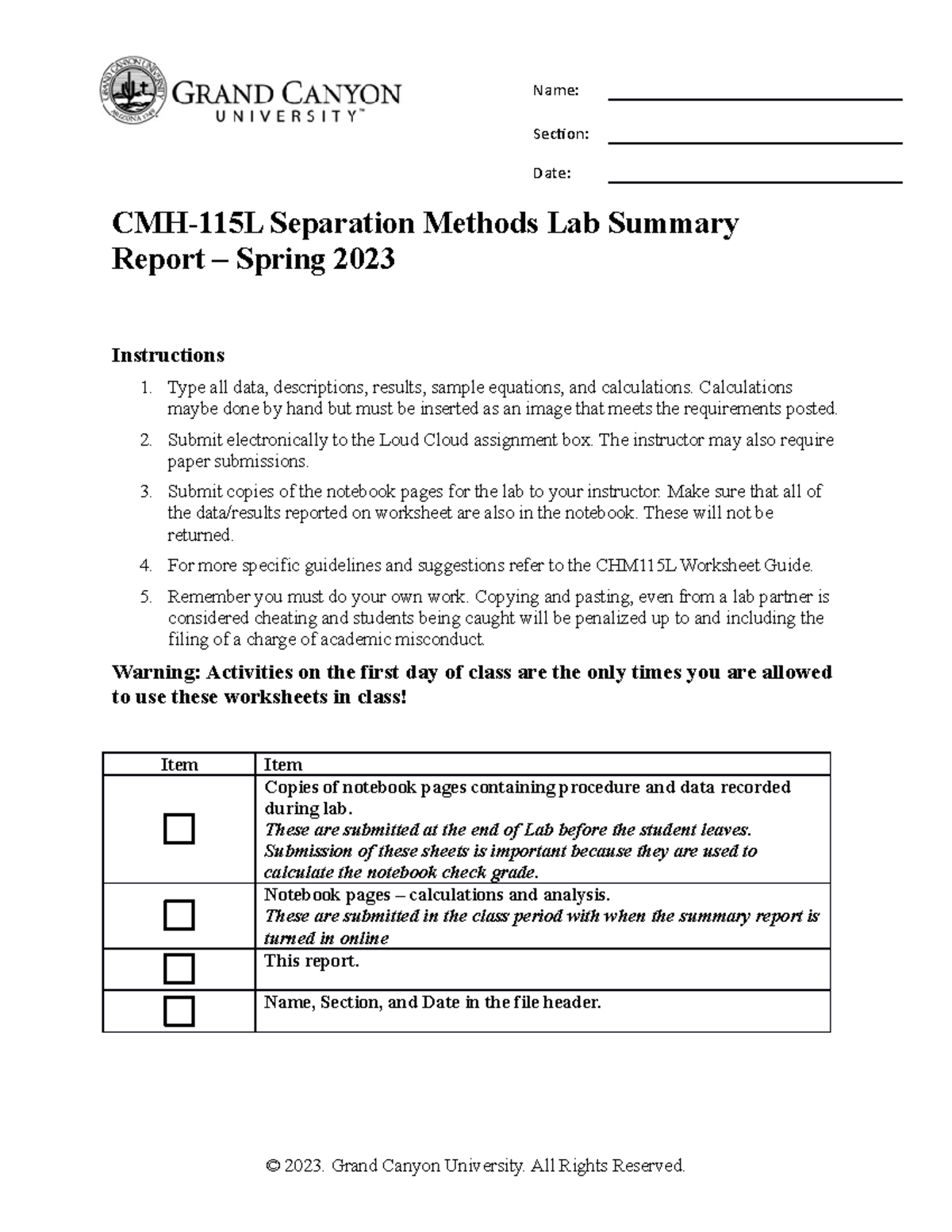 CMH-115L Spring 2023 Separation Methods Lab Summary Report - Studocu