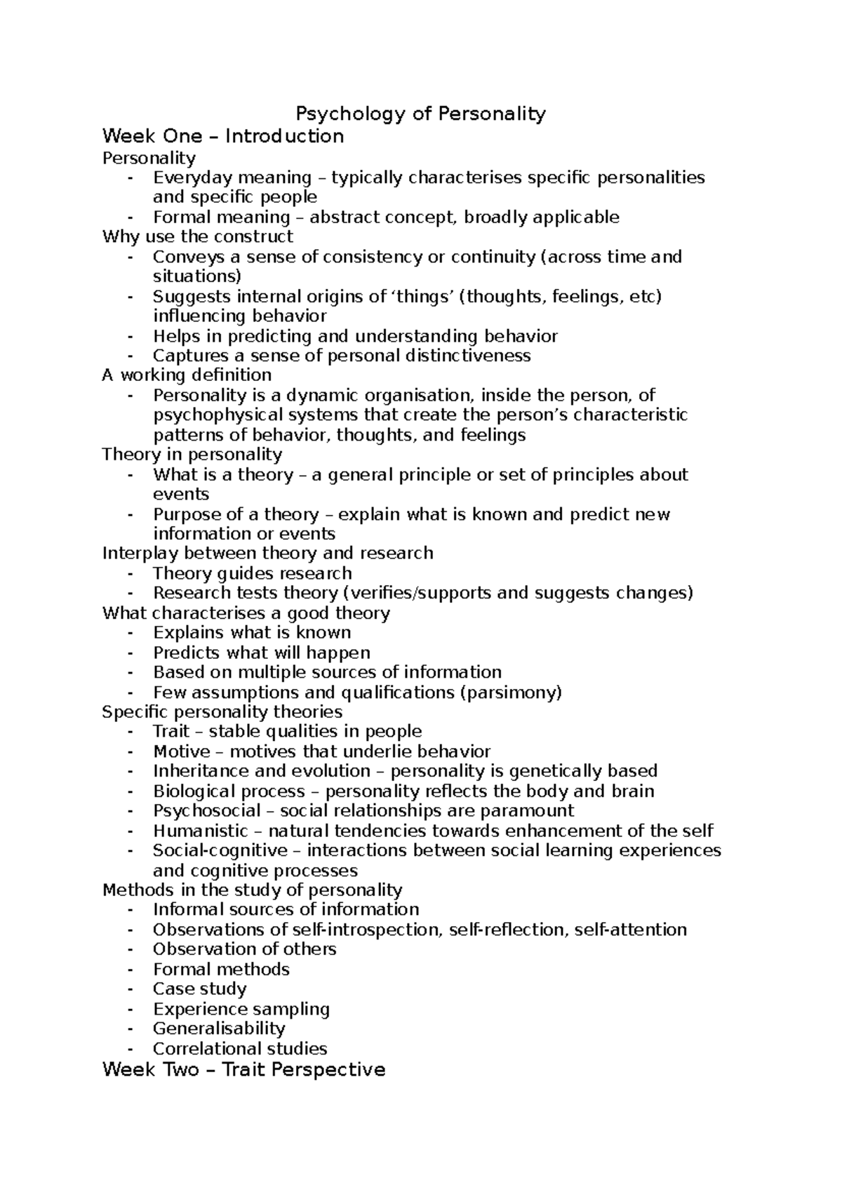 Psychology of Personality - Notes - Psychology of Personality Week One ...