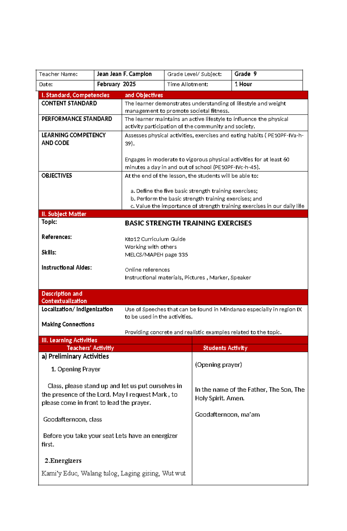 Grade 9 PE Lesson Plan: Basic Strength Training Exercises - Studocu
