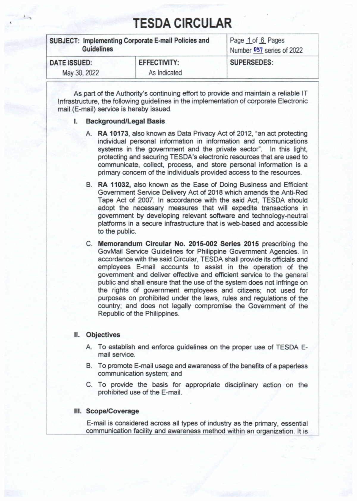 TESDA Circular No. 037-2022: Guidelines on Corporate E-mail Policies ...