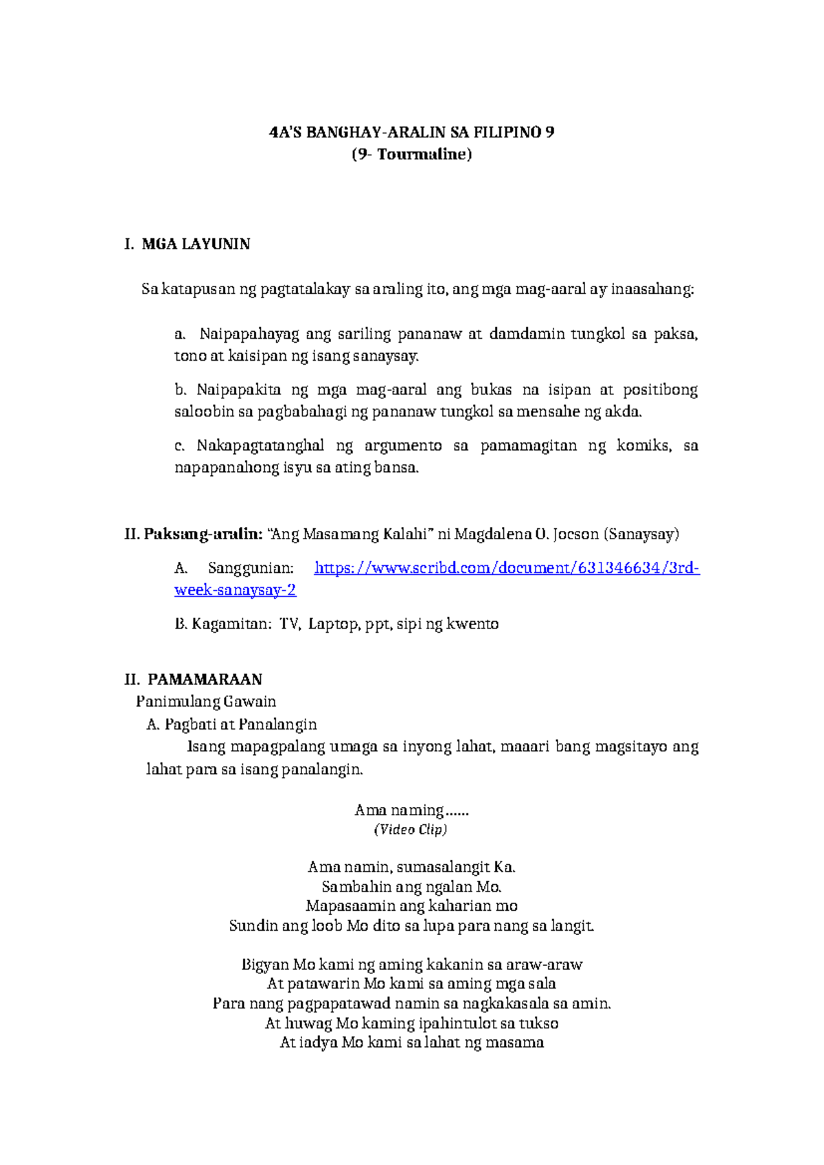 SA FILIPINO 9: Mga Layunin at Pamamaraan sa Pagtuturo ng Sanaysay - Studocu