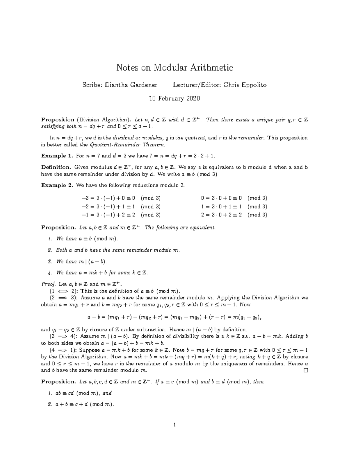 Notes on Modular Arithmetic | Math314-01-S20 | Spring 2020 - Studocu