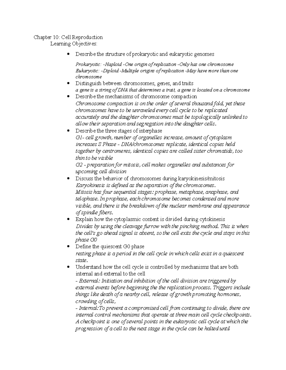 Study Guide Chapter 10 - Chapter 10: Cell Reproduction Learning Objectives: Describe the ...