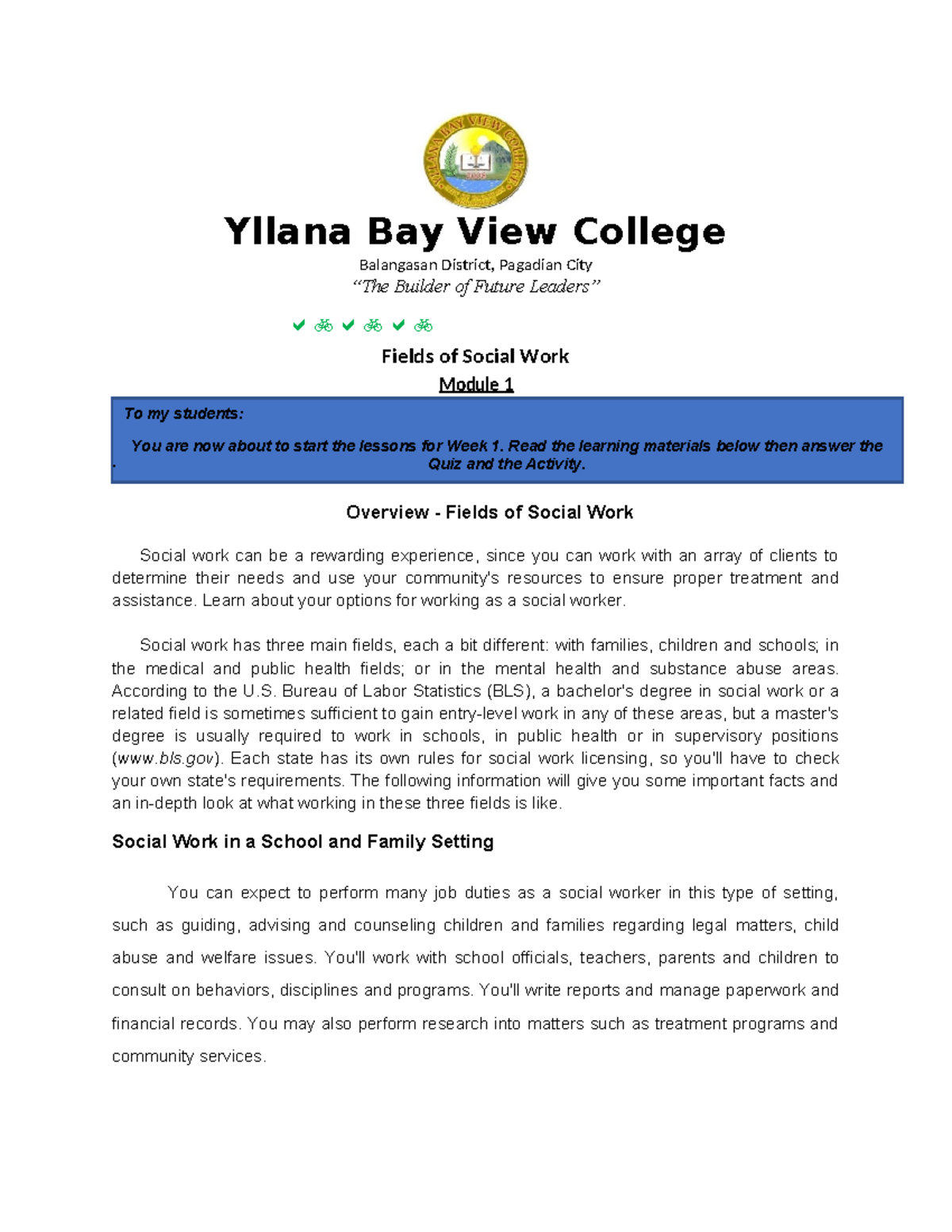 SW 104 Module 1: Introduction to Fields of Social Work - Studocu
