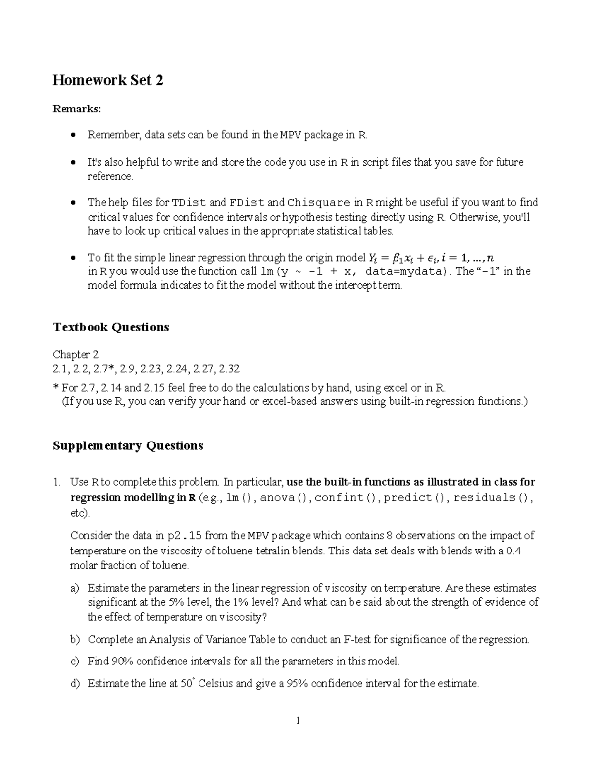 SS3859 Homework Set 2: R Linear Regression & Analysis - Studocu