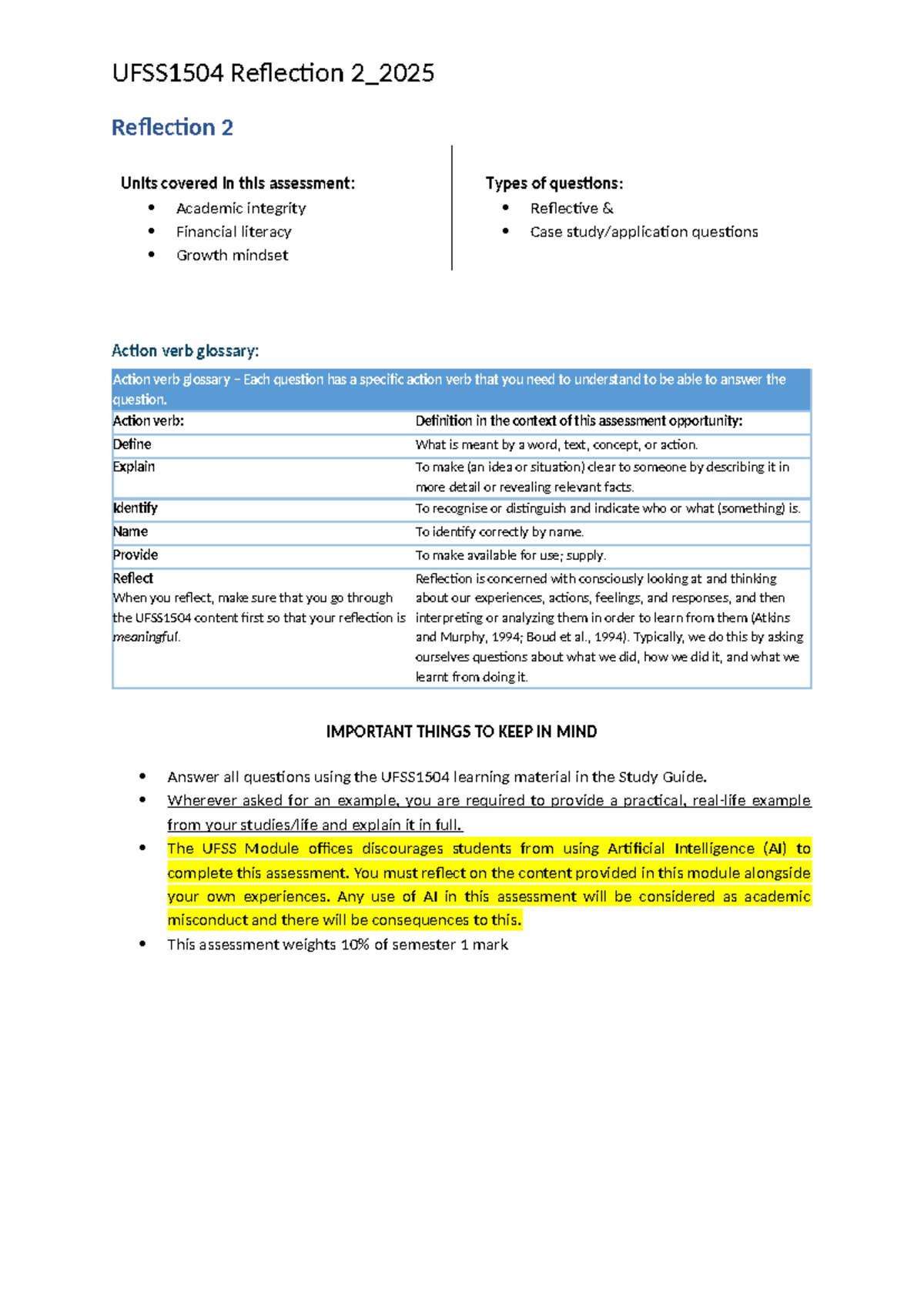 UFSS1504 Reflection 2 2025 Final - Reflection 2 Units covered in this ...