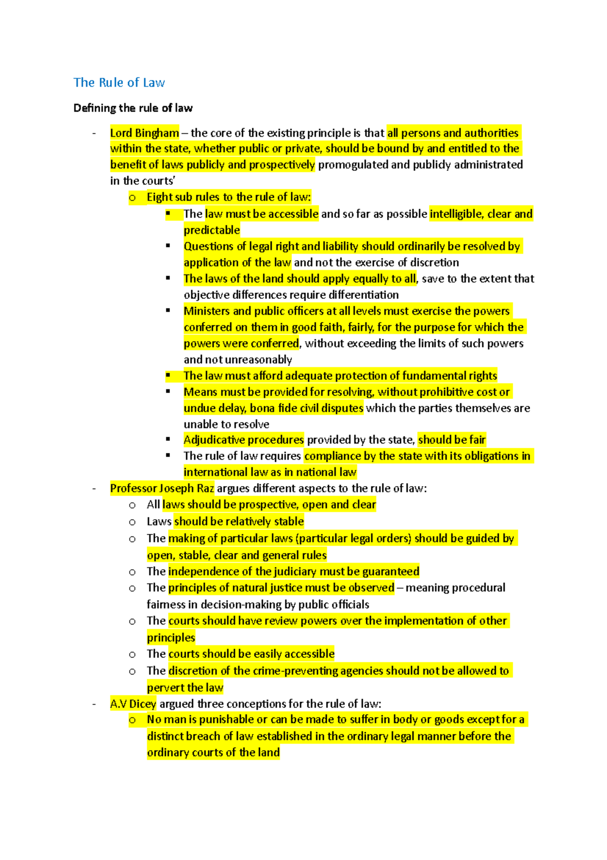 The Rule of Law - Revision notes for exam - The Rule of Law Defining ...