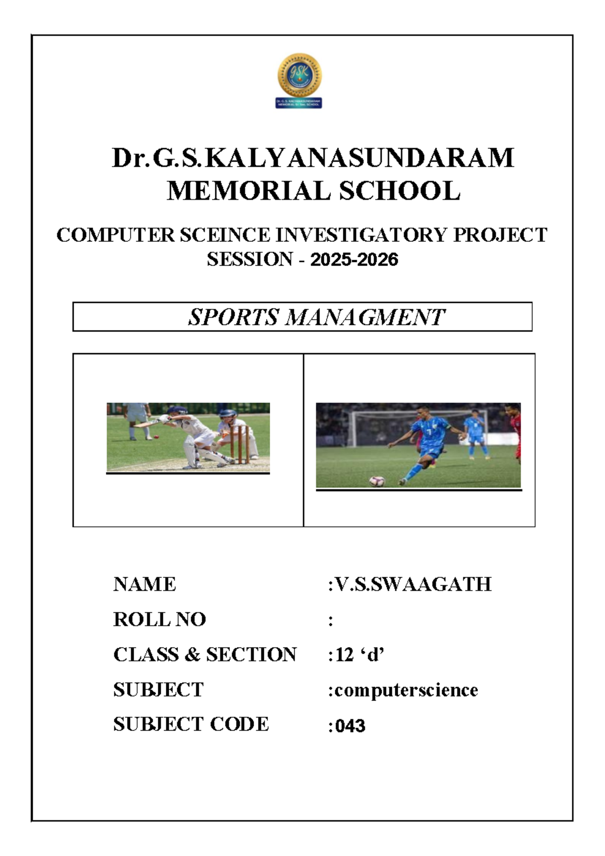 Sports Management System Project - Class 12 - CS Code 043 - Studocu