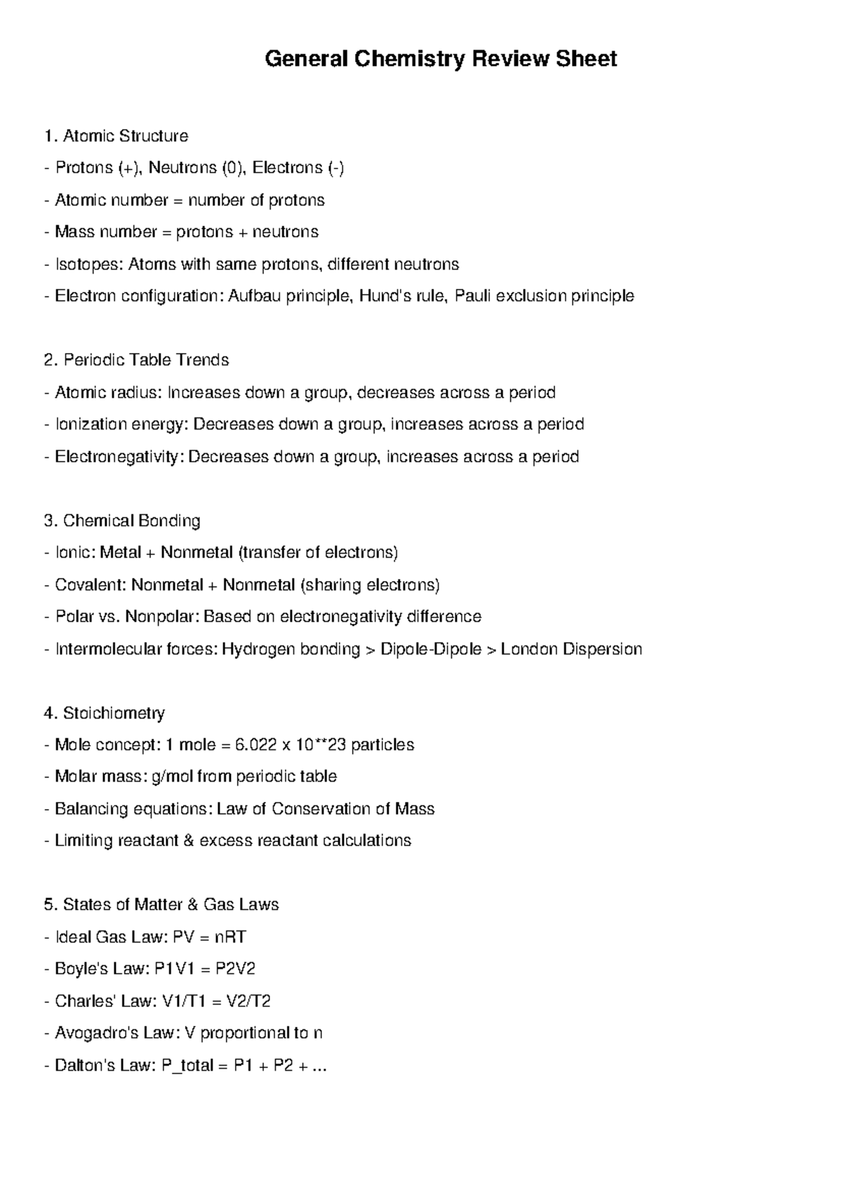 Chemistry Review Sheet - General Chemistry Review Sheet Atomic ...