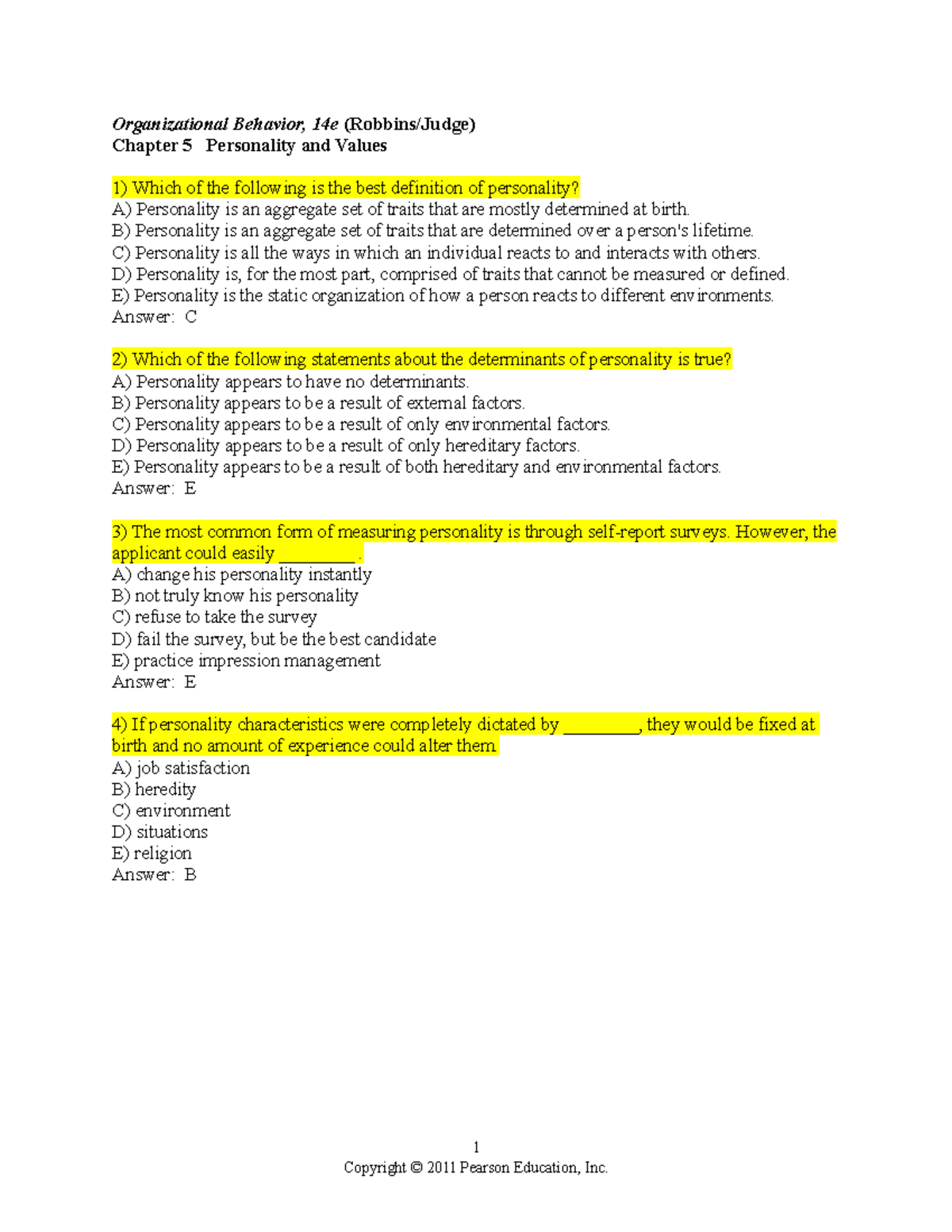 OB Ch5: Understanding Personality and Values - BUSE601 - Studocu