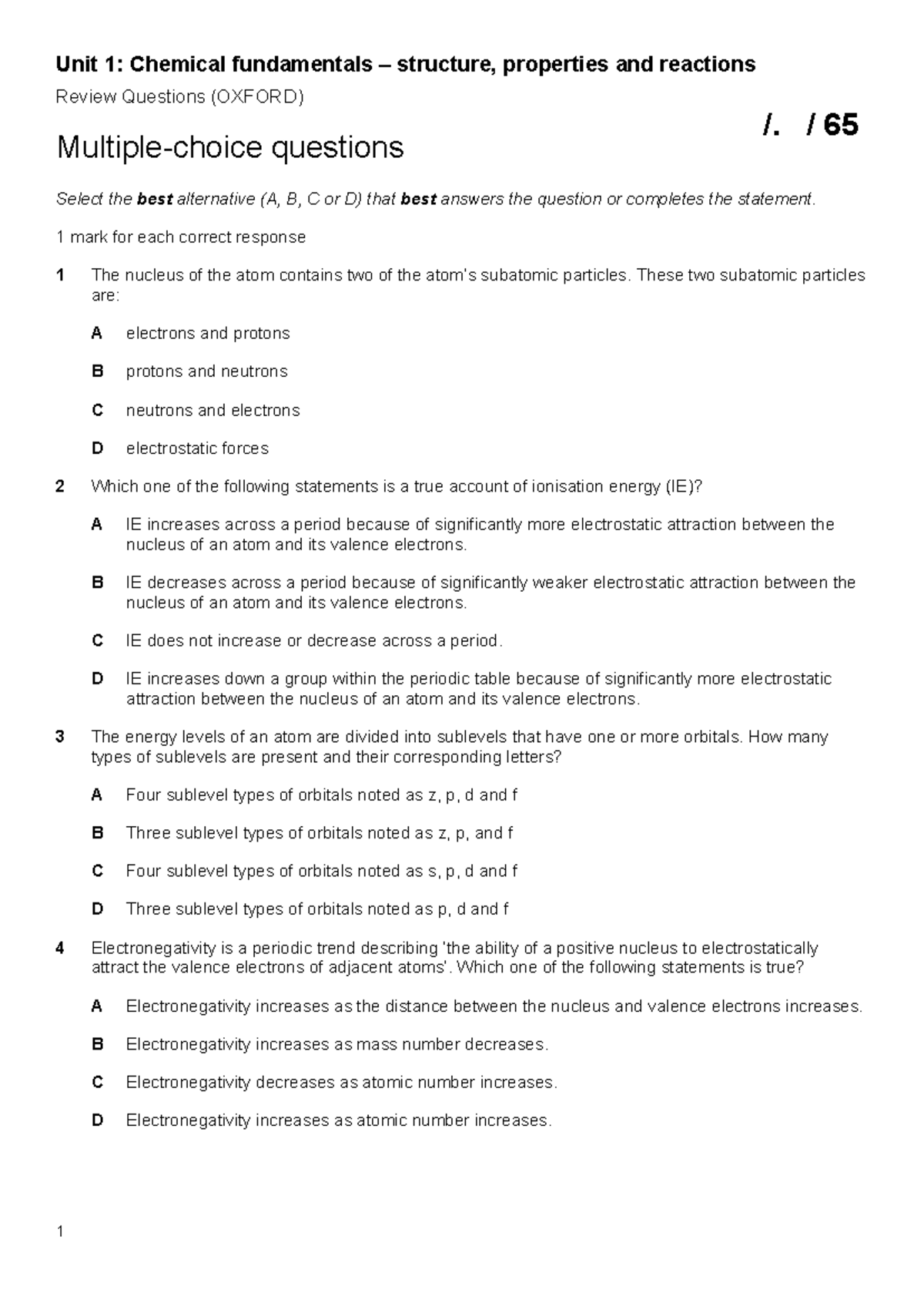 Unit 1: Chemical Fundamentals Review Questions (OXFORD) - Studocu