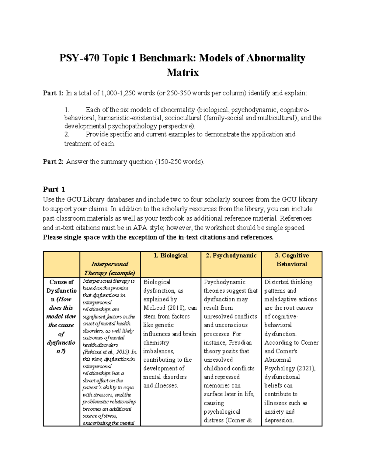 PSY-470 Benchmark Matrix: Exploring Six Models of Abnormality - Studocu
