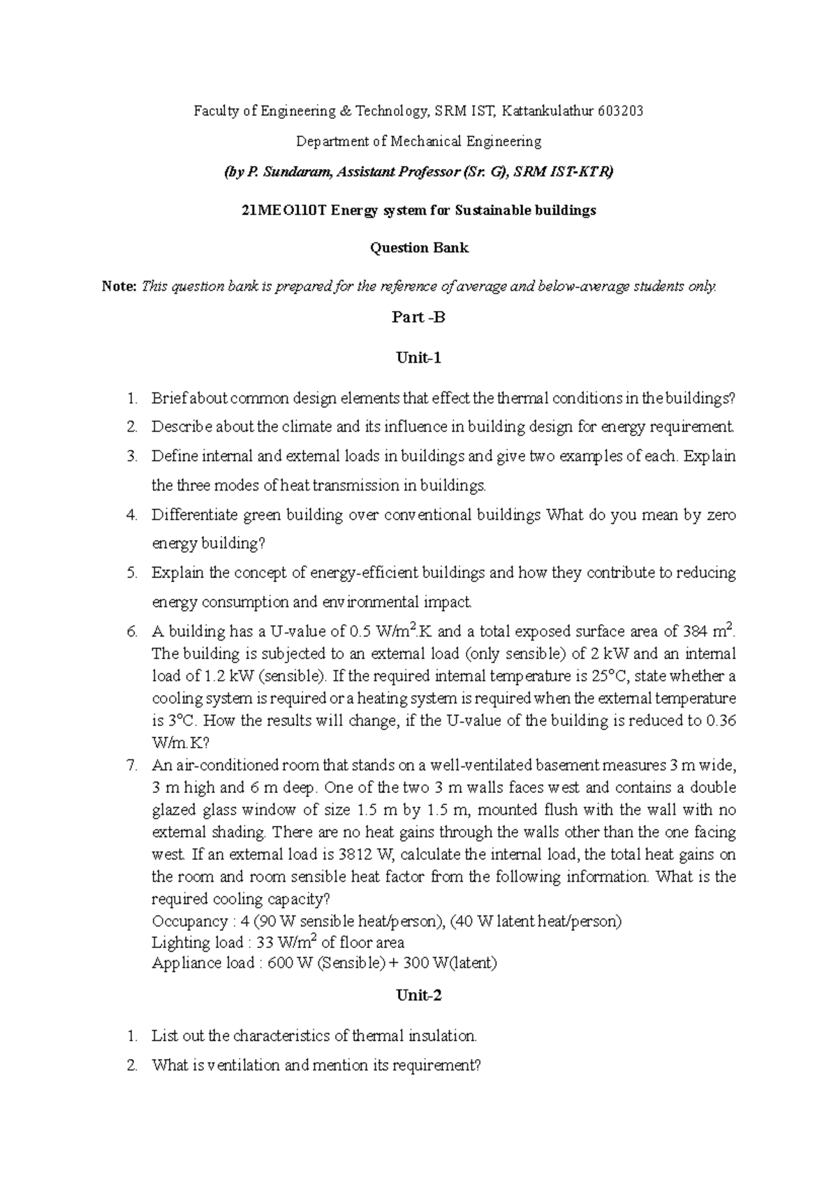 Energy Systems for Sustainable Buildings: QB Part B & C (SRM 21MEO110T ...