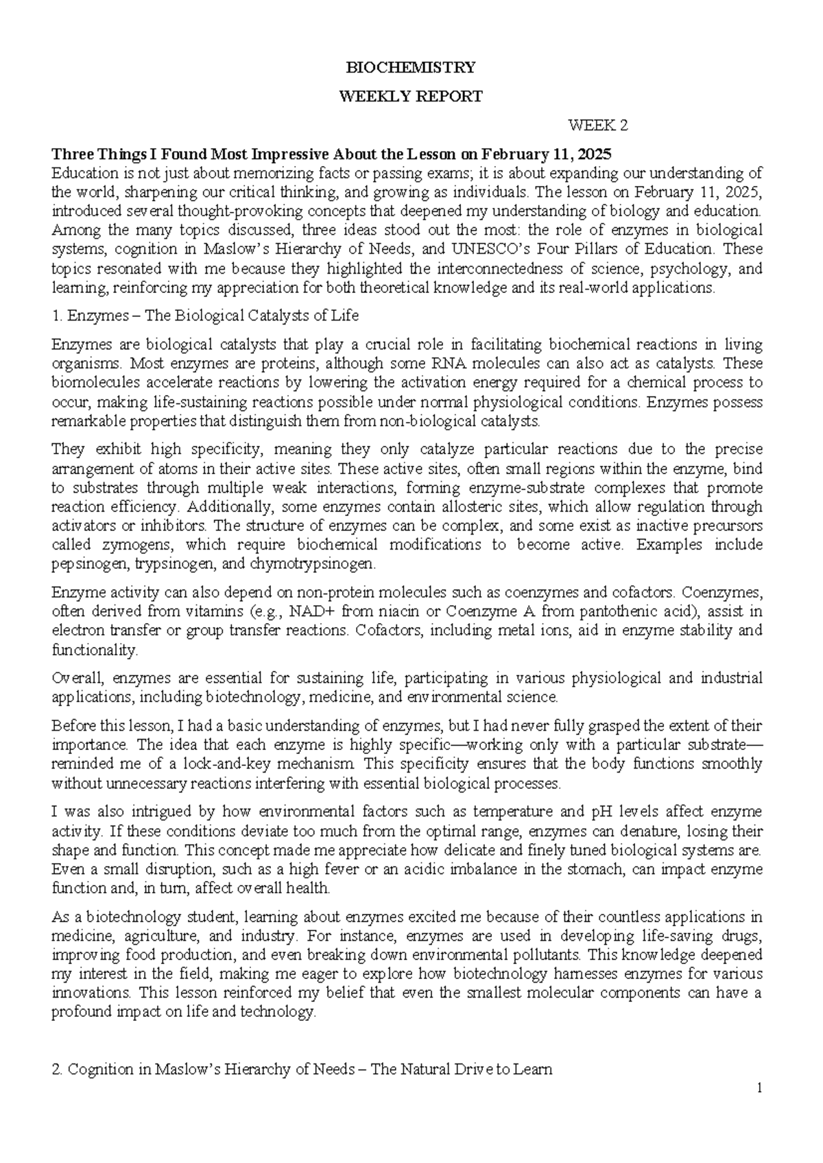 BIOCHEMISTRY 101 WEEKLY REPORT: Insights from Lesson on Feb 11, 2025 ...